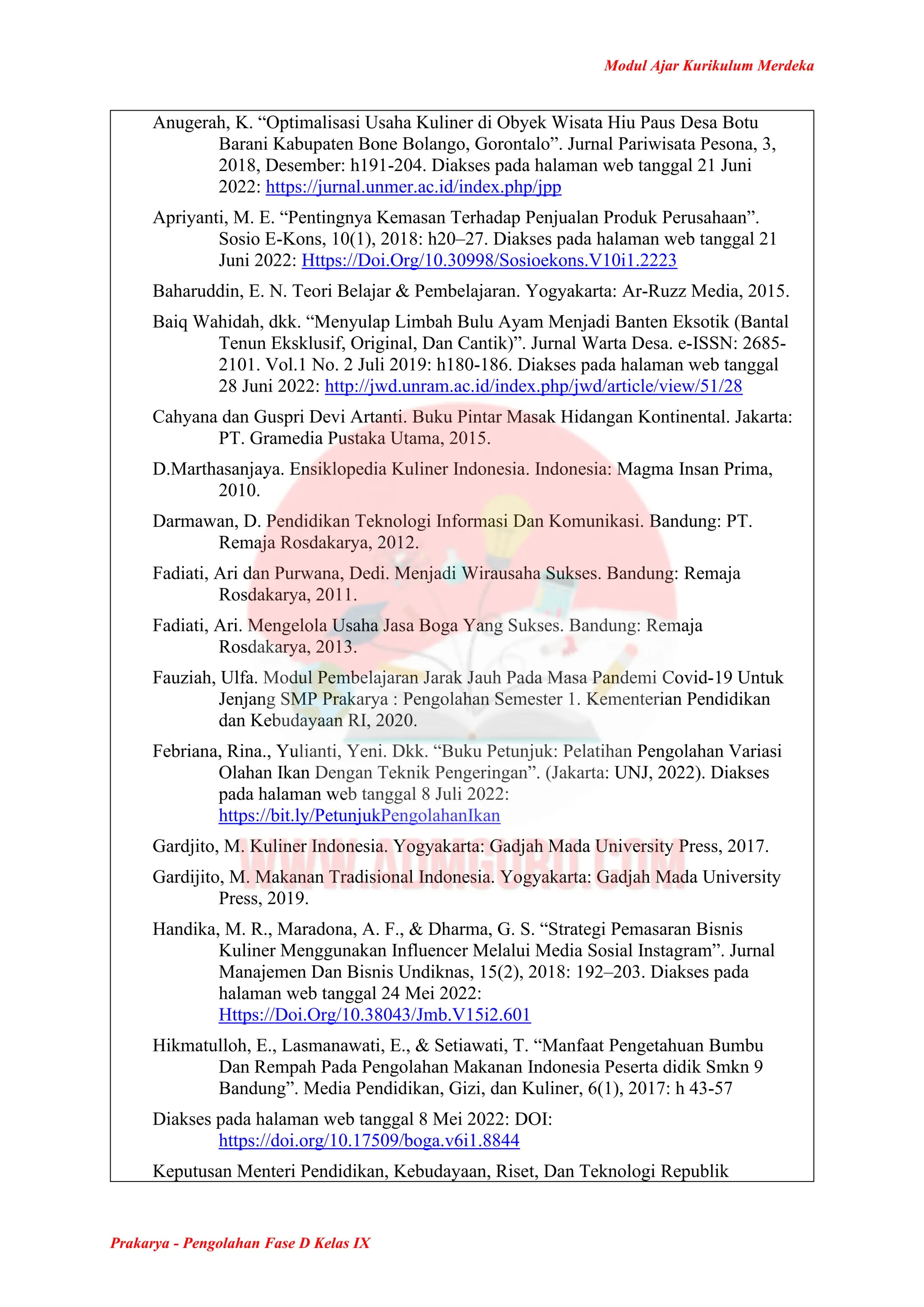 Modul Ajar Prakarya Pengolahan Kelas 9 Kurikulum Merdeka | PDF