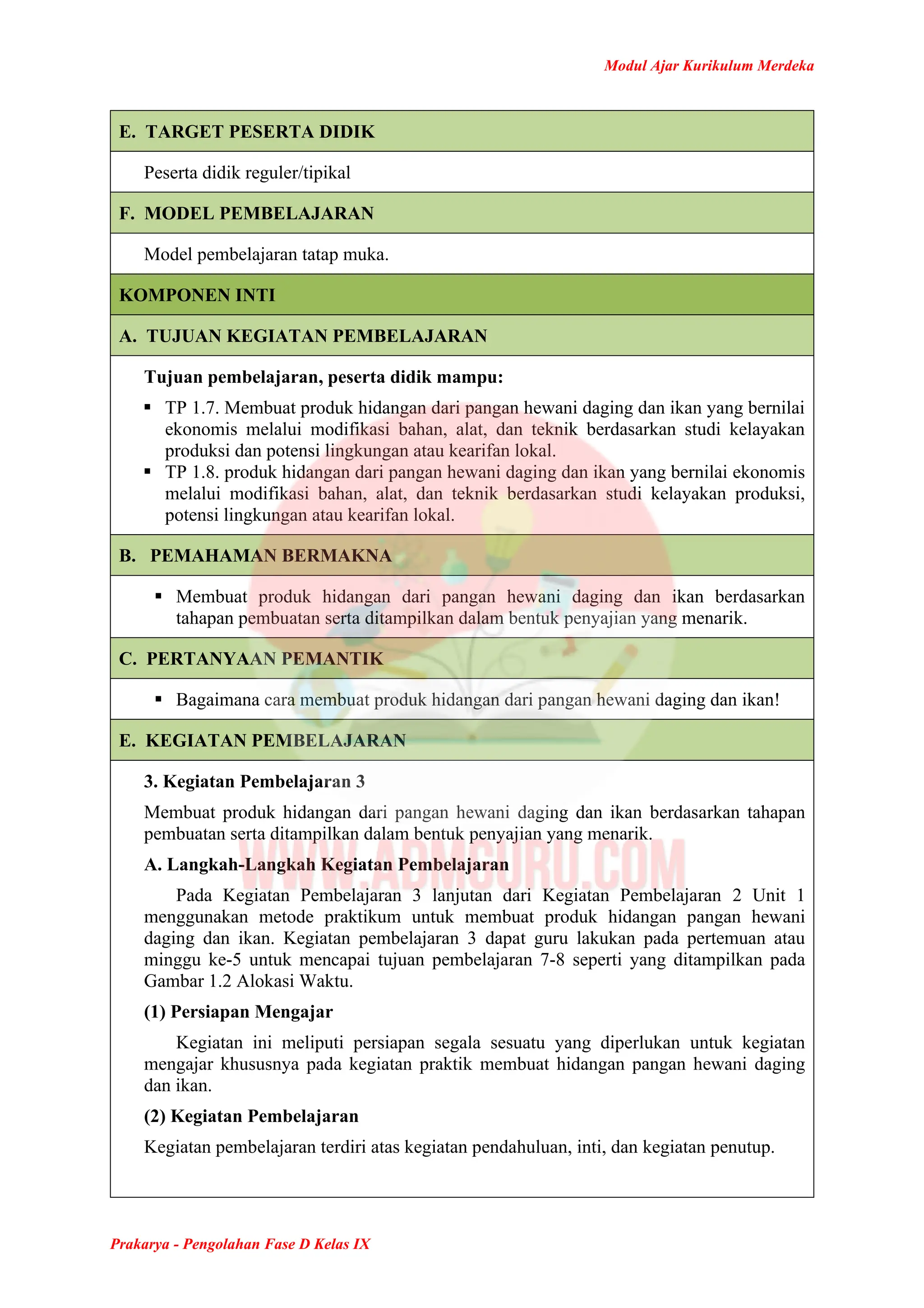 Modul Ajar Prakarya Pengolahan Kelas 9 Kurikulum Merdeka | PDF
