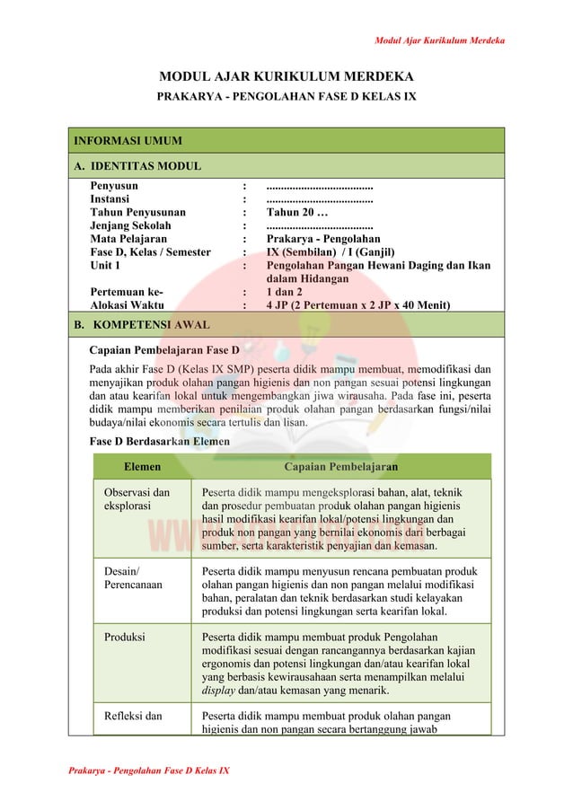 Modul Ajar Prakarya Pengolahan Kelas 9 Kurikulum Merdeka | PDF