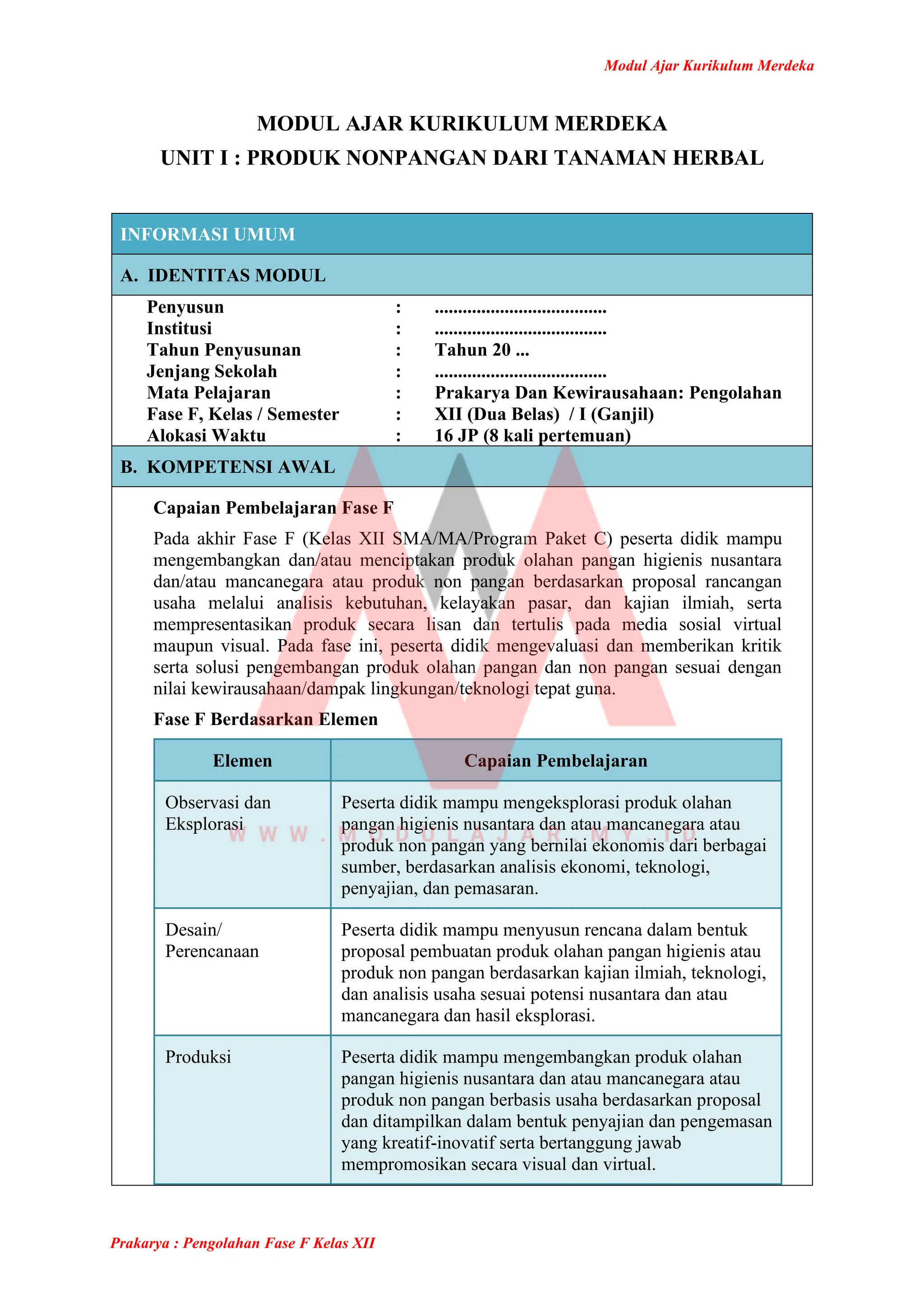 Modul Ajar Prakarya Pengolahan Kelas 12 Kurikulum Merdeka | PDF