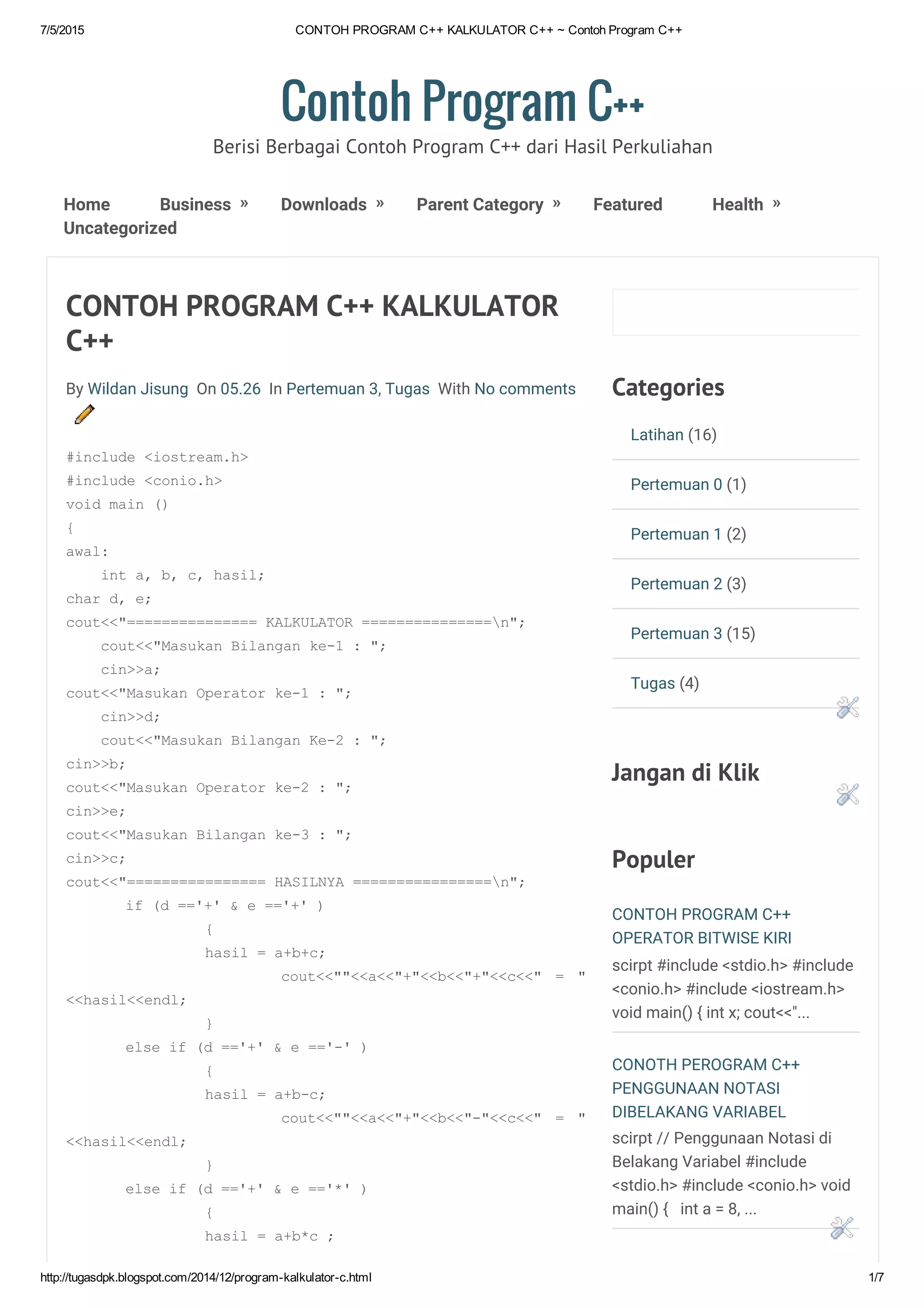 Contoh program c++ kalkulator | PDF