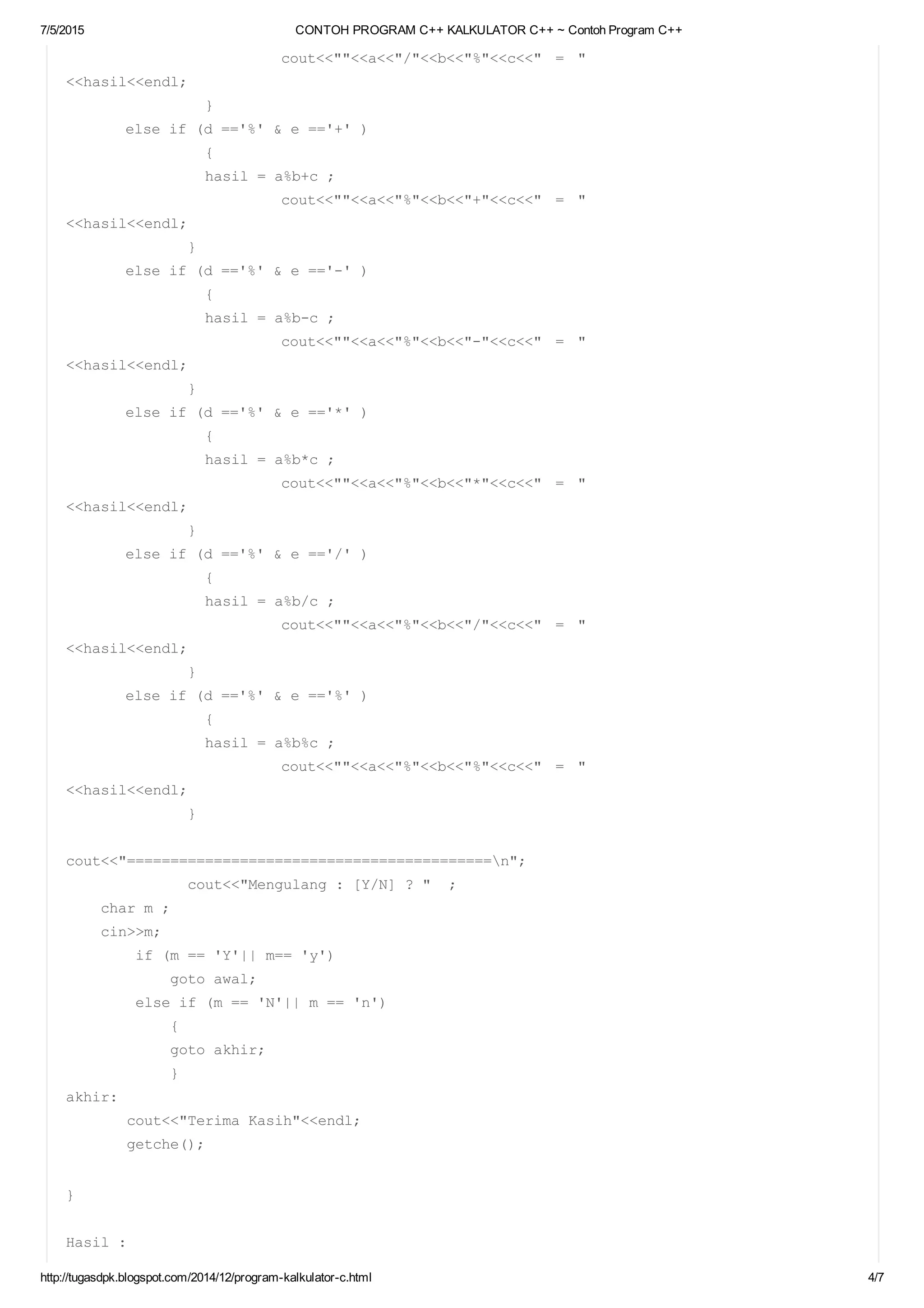 Contoh program c++ kalkulator | PDF