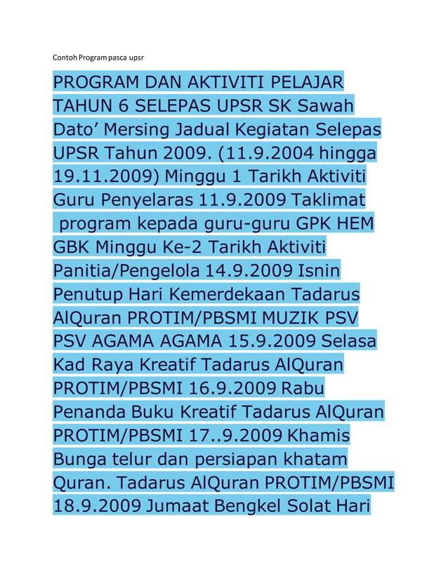 Contoh program pasca upsr | DOCX