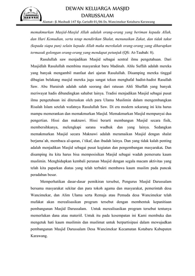 Contoh proposal pembangunan masjid | DOCX