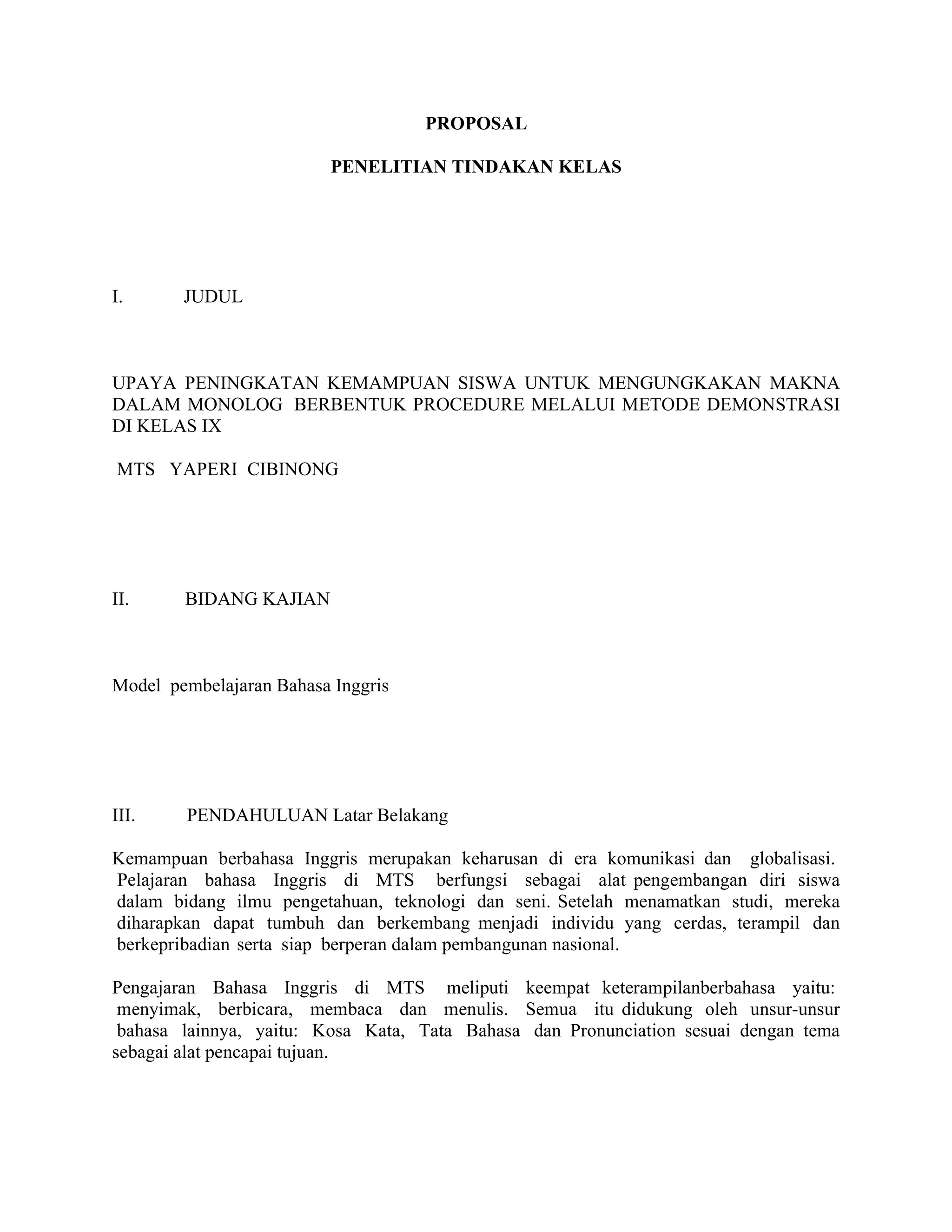 Contoh proposal penelitian tindakan kelas | PDF