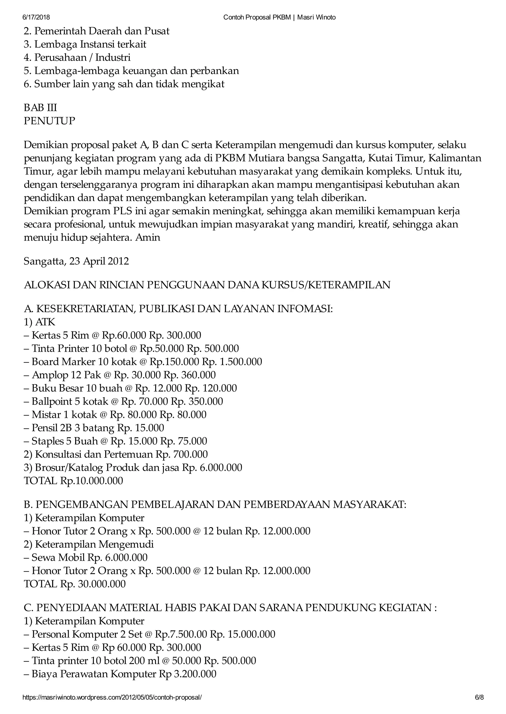 Contoh proposal pkbm masri winoto | PDF