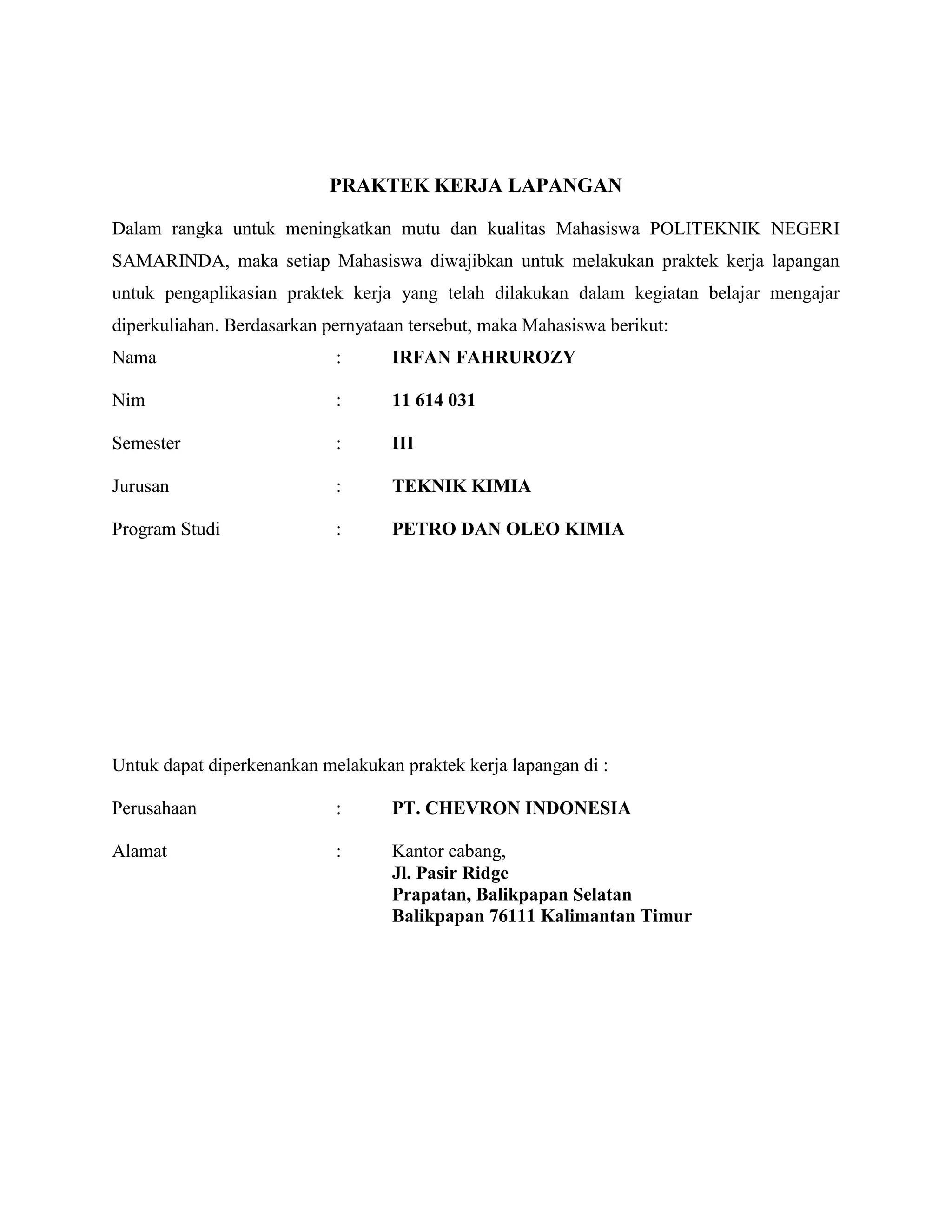 Contoh proposal pkl | DOCX