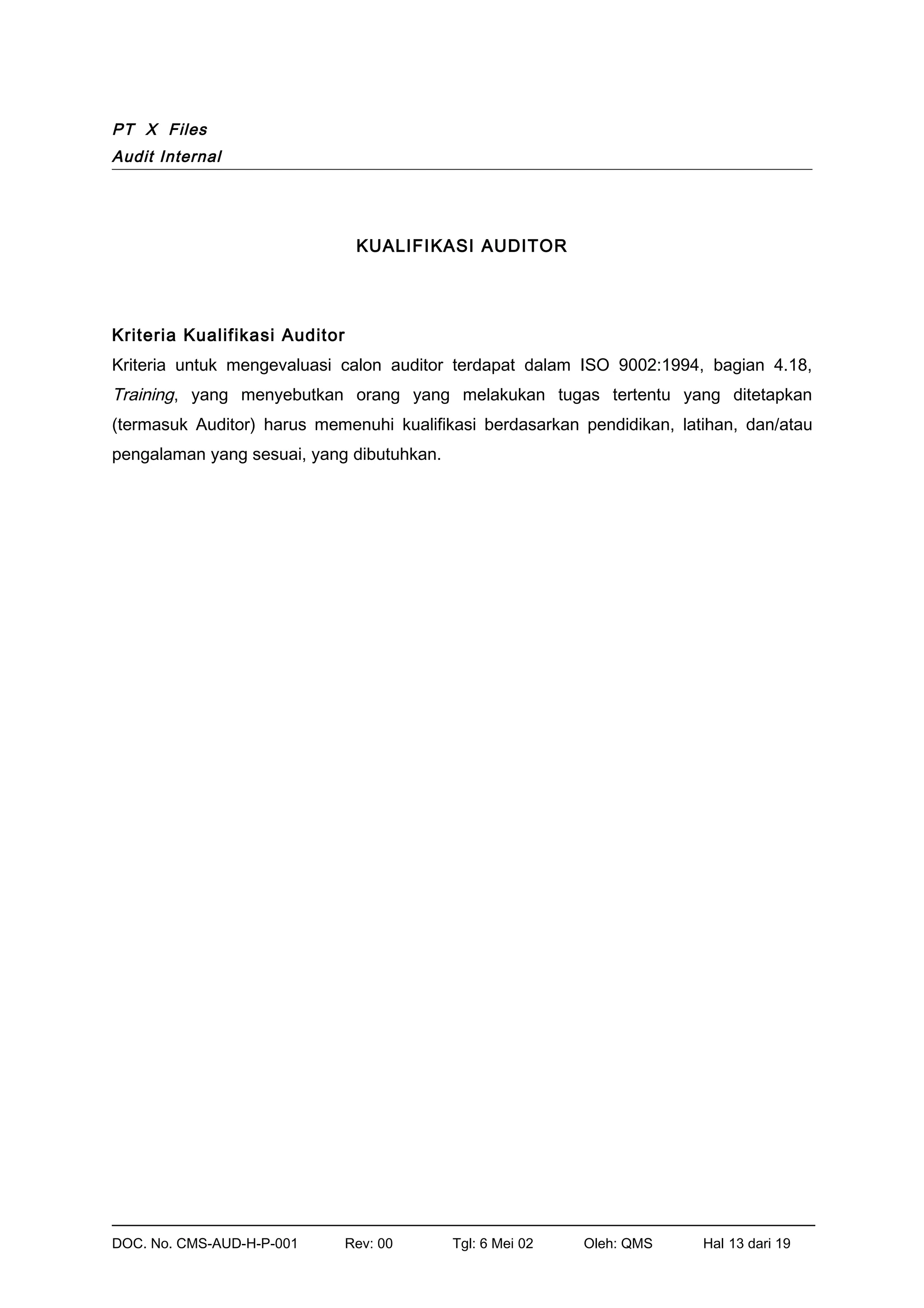 Contoh prosedur internal audit | DOC