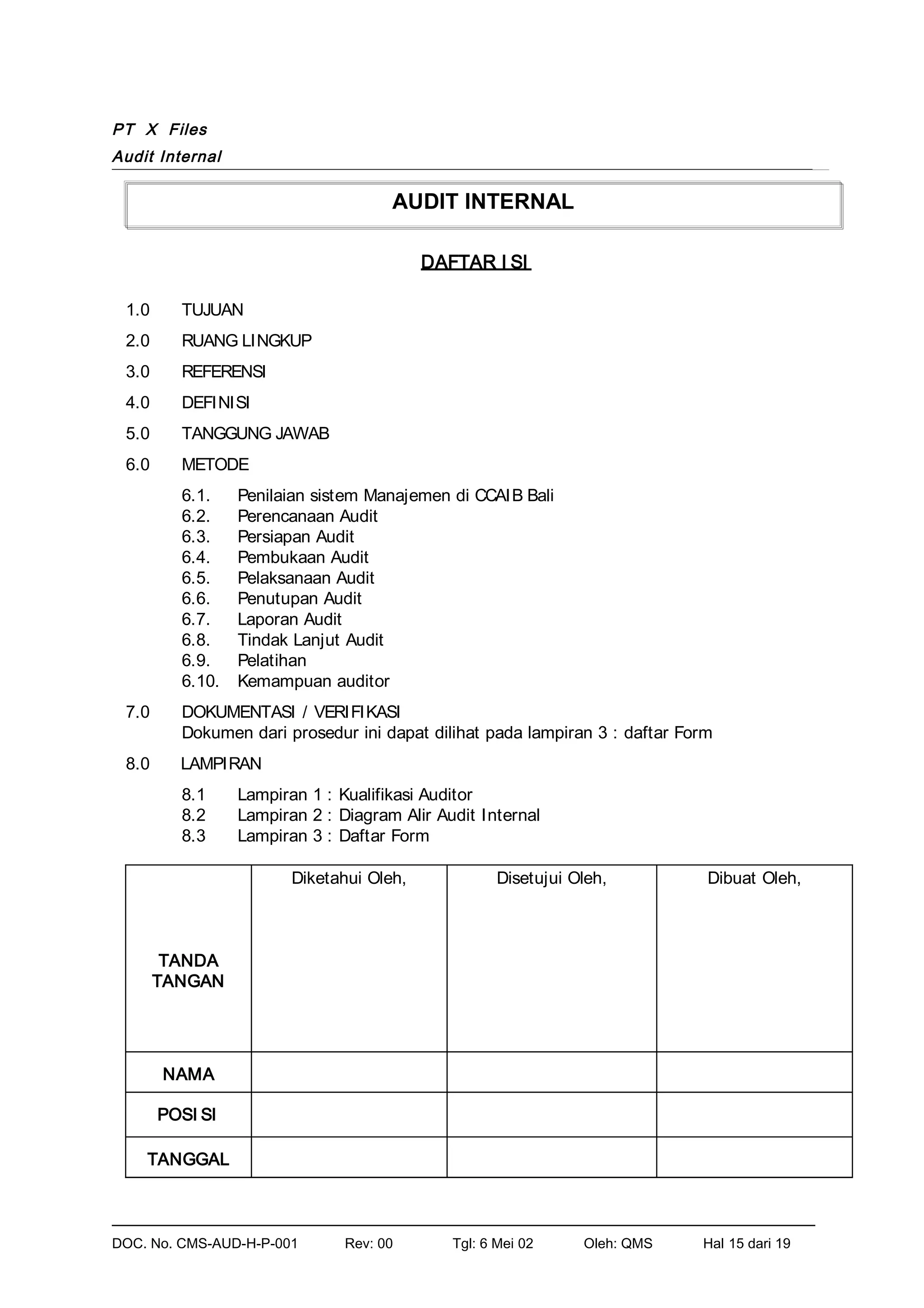 Contoh prosedur internal audit | DOC