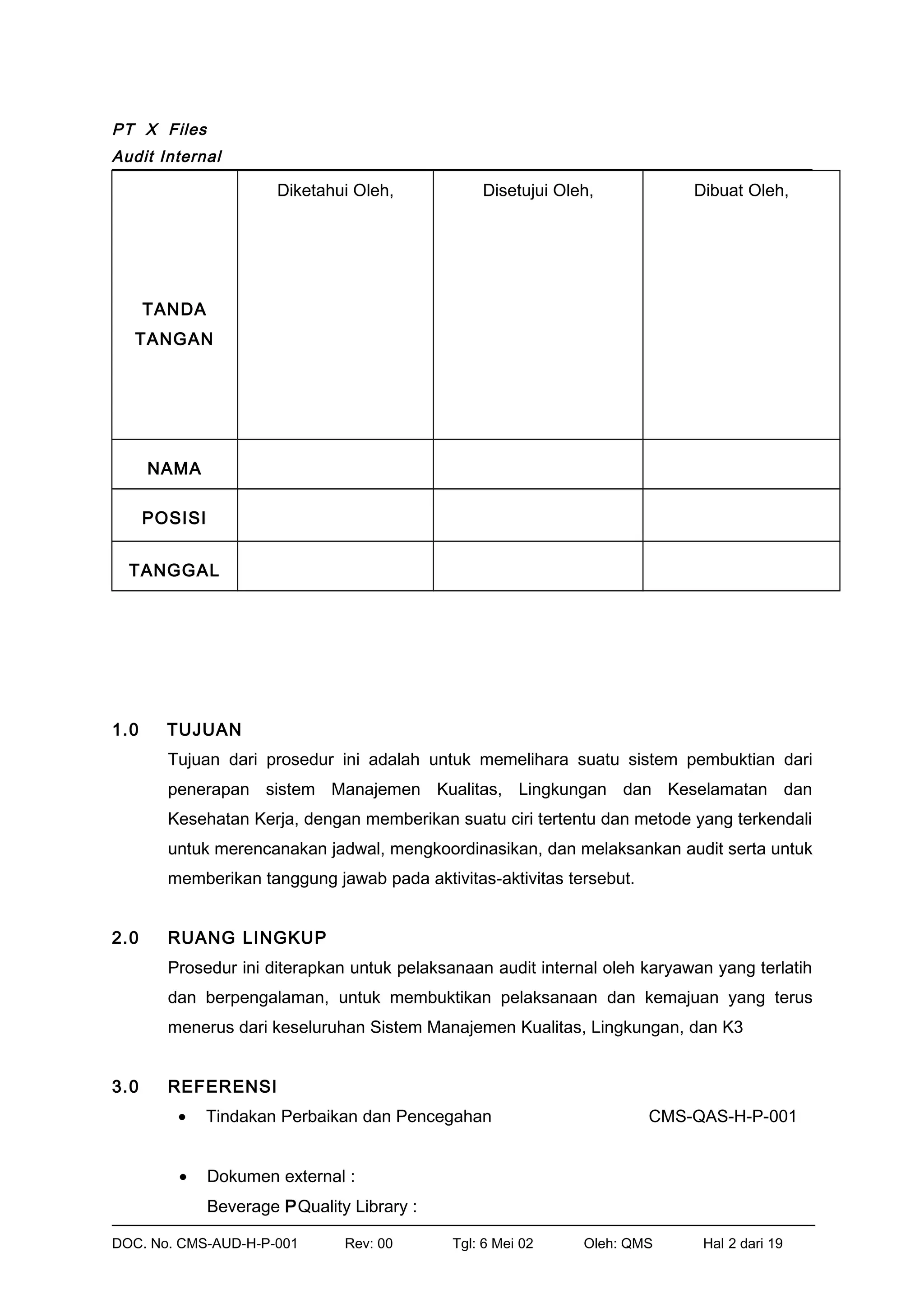 Contoh prosedur internal audit | DOC
