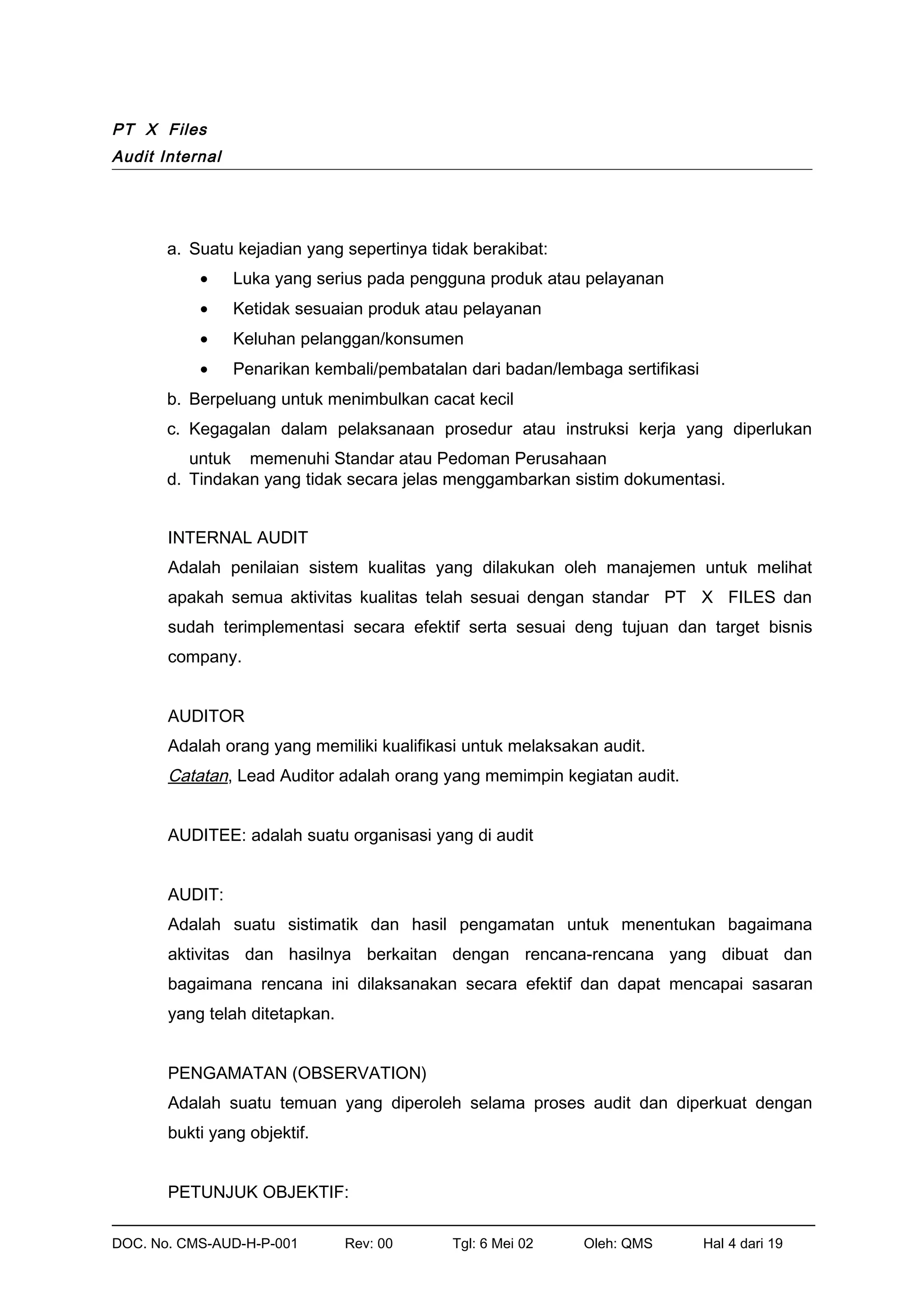 Contoh prosedur internal audit | DOC