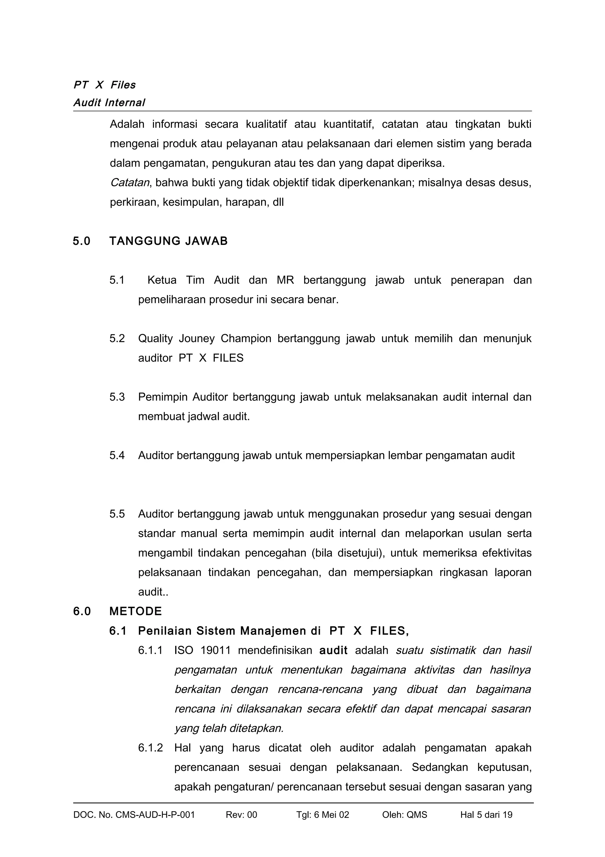 Contoh prosedur internal audit | DOC
