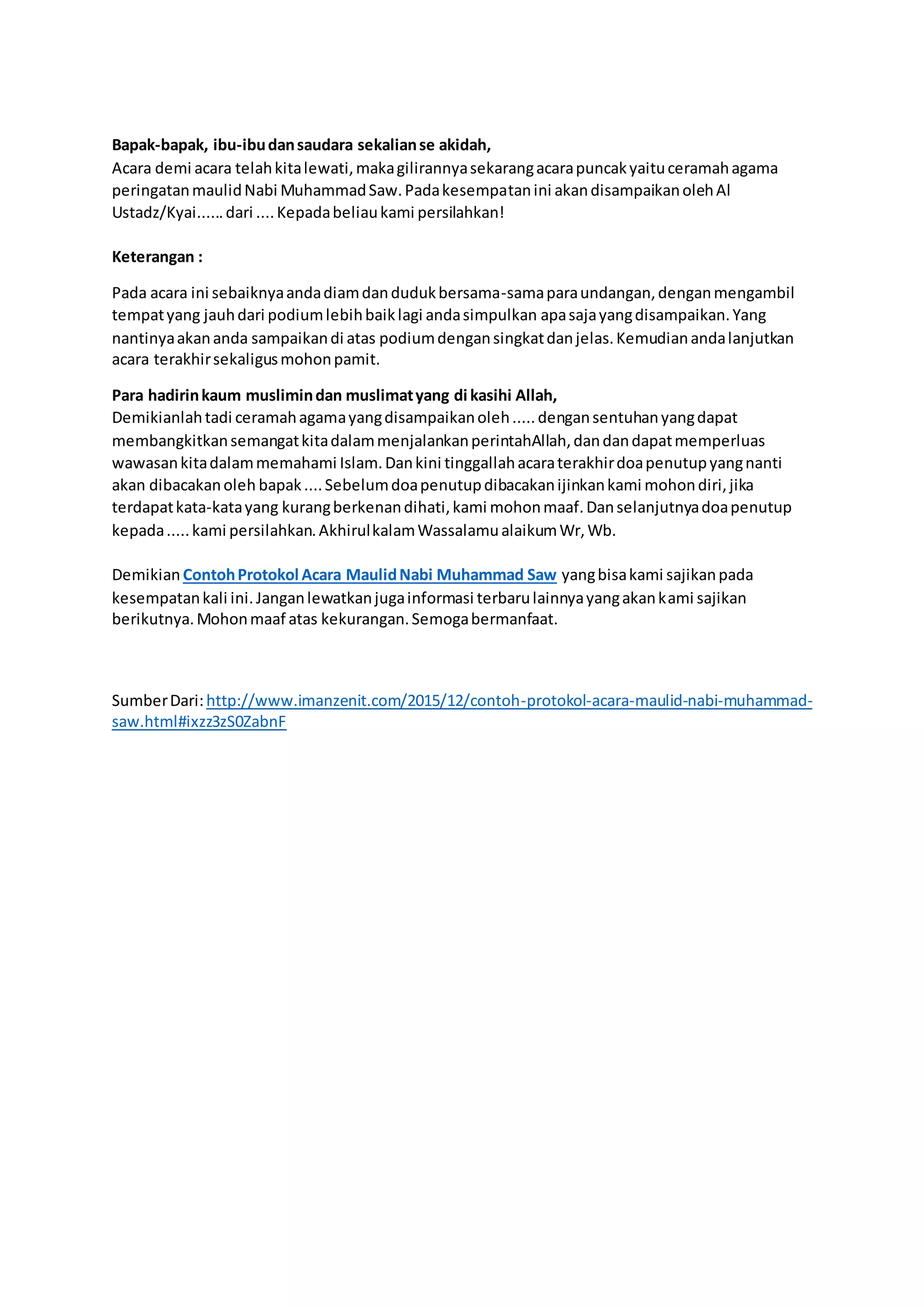 Contoh protokol acara maulid nabi muhamad saw | DOCX