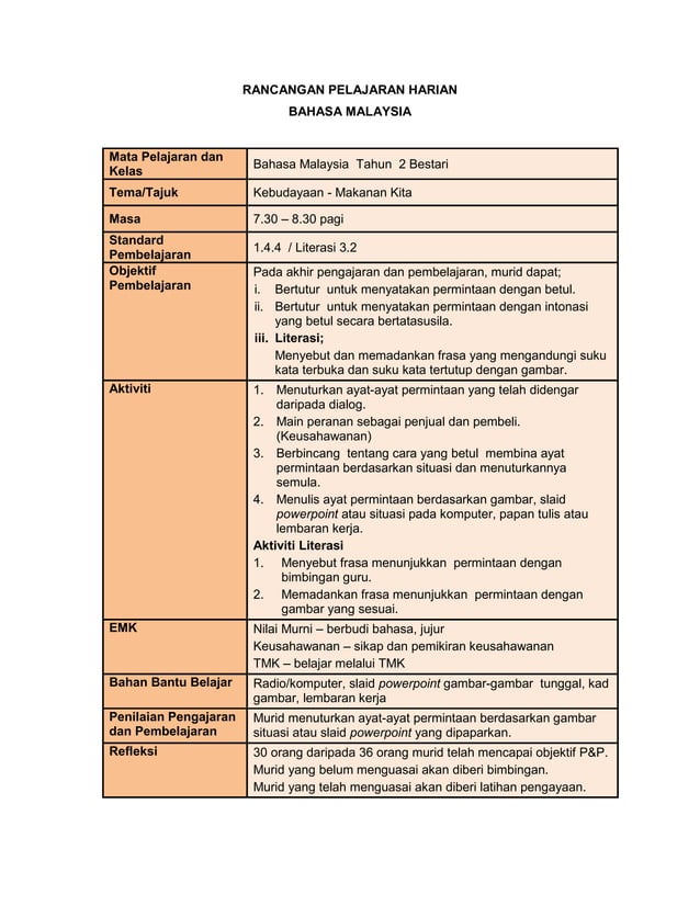 Contoh rancangan pelajaran harian | DOCX