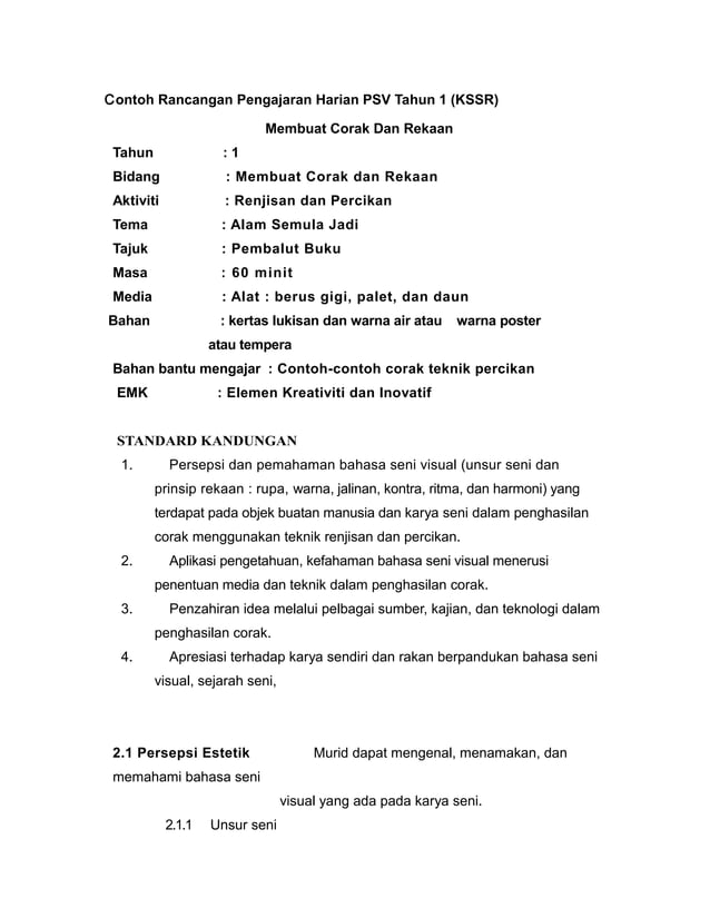 Contoh rancangan pengajaran harian psv tahun 1 | DOC