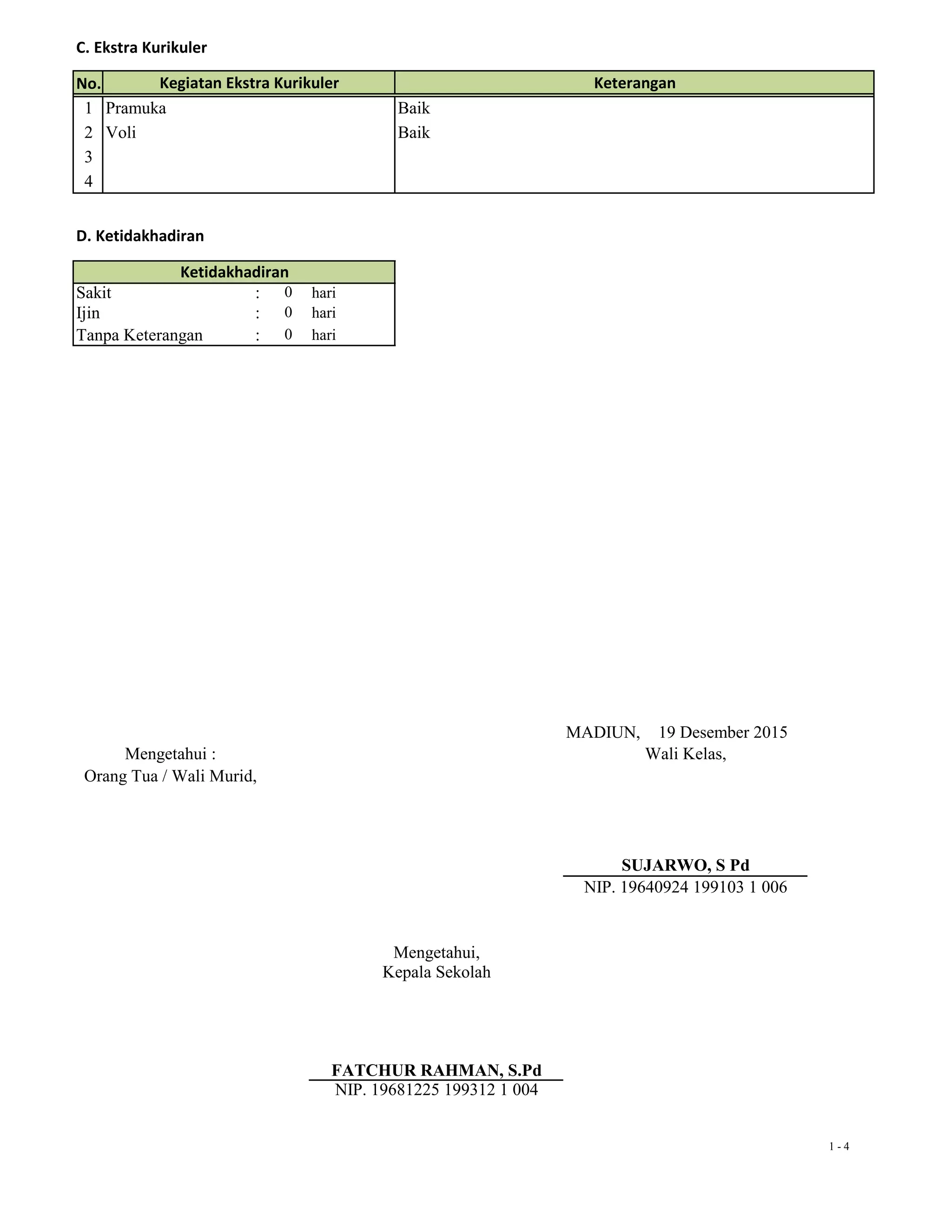 Contoh rapor semester 1 | PDF
