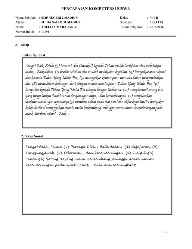 Contoh rapor semester 1 | PDF