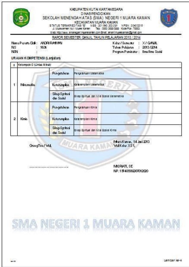 Contoh raport sma kurikulum 20013 | PDF