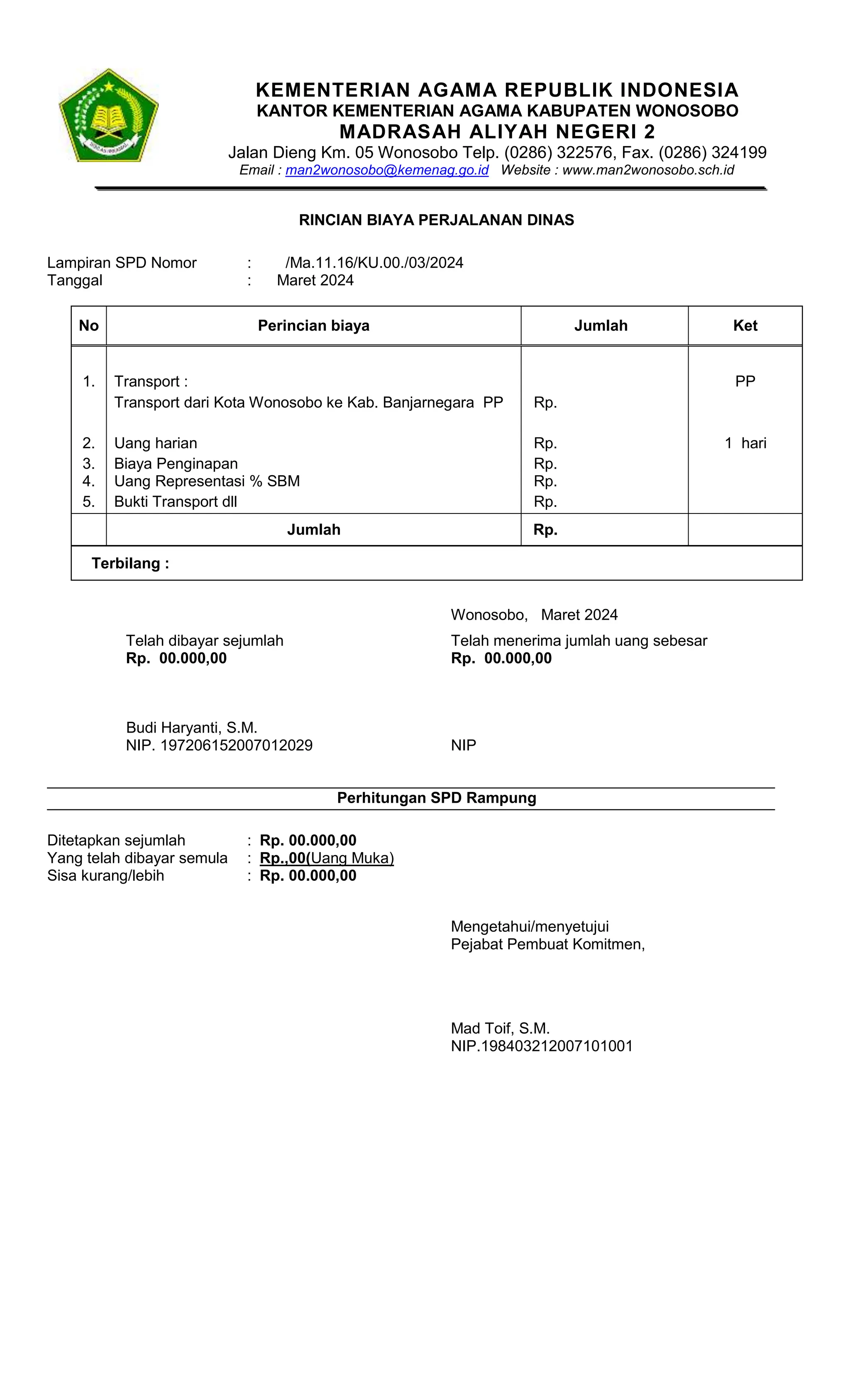 contoh Rincian Perjadin di institusi madrasah | DOCX