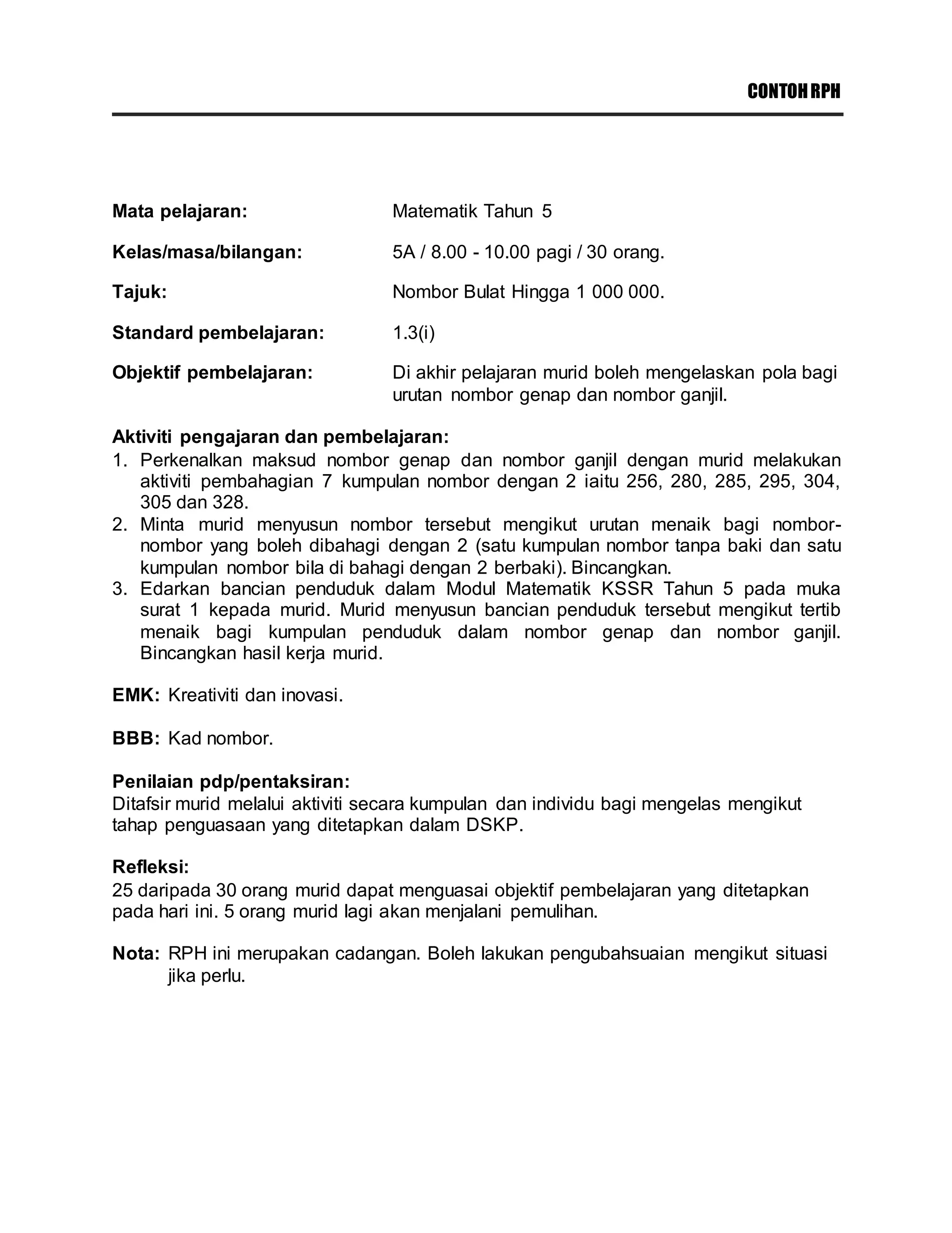 Contoh rph matematik | DOCX
