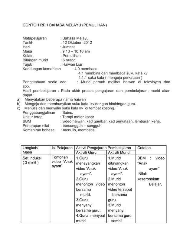 Contoh rph bahasa melayu pemulihan | DOCX