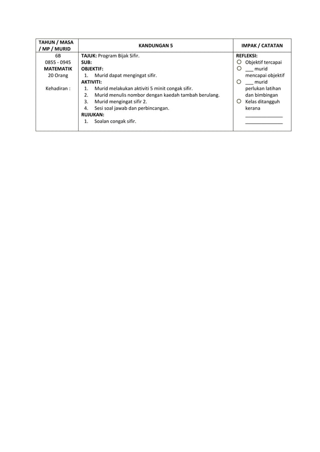 Contoh rph bijak sifir | DOCX