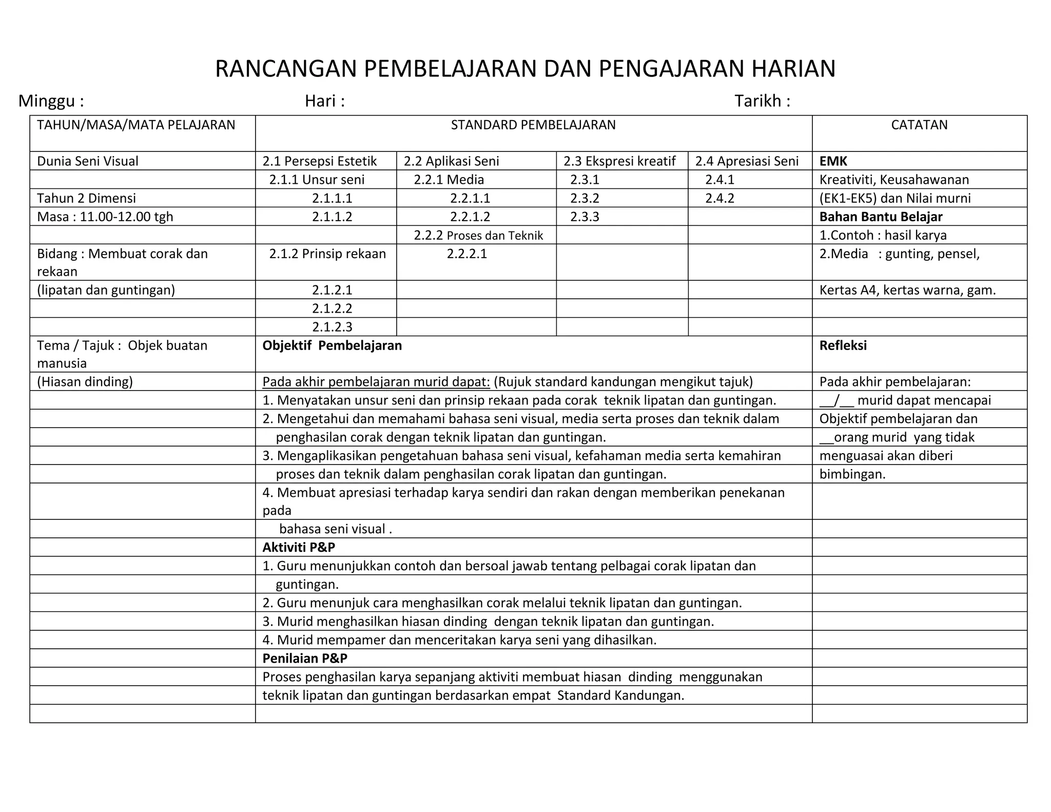 Contoh rph dsv tahun 2 | DOCX