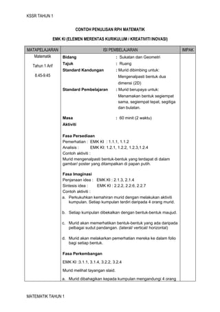 Contoh rph matematik tahun 1 emk ki | DOC