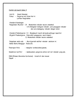Contoh rph muzik tahun 1 | DOCX