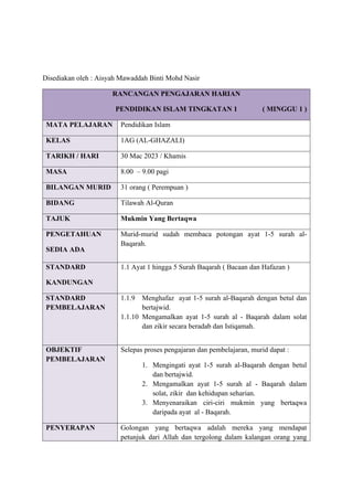 Contoh Rancangan Mengajar Harian Pendidikan Islam dalam Tulisan Rumi | PDF