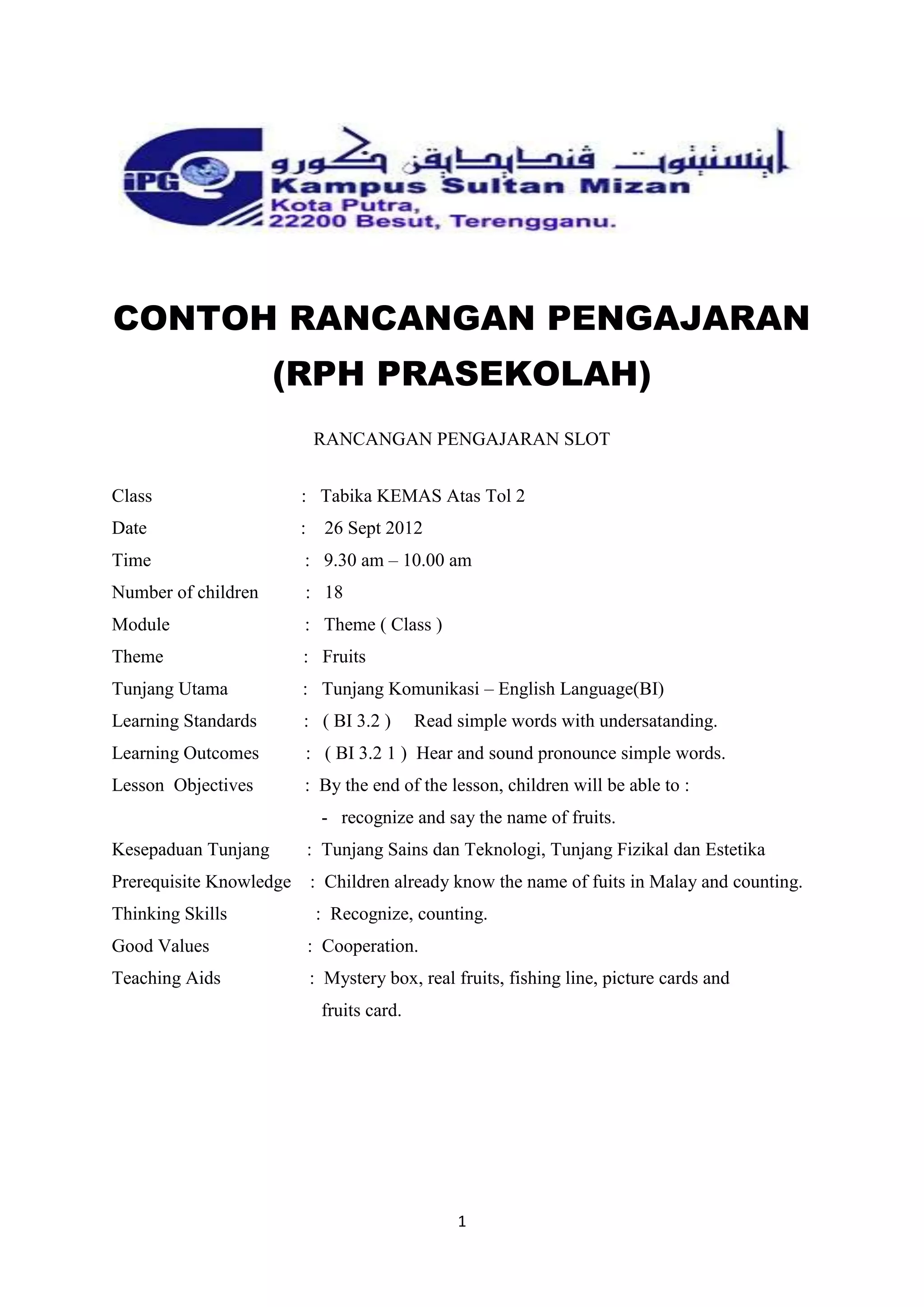 CONTOH RPH PRASEKOLAH (bahasa inggeris) | DOCX