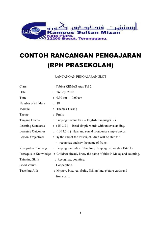 CONTOH RPH PRASEKOLAH (bahasa inggeris) | DOCX