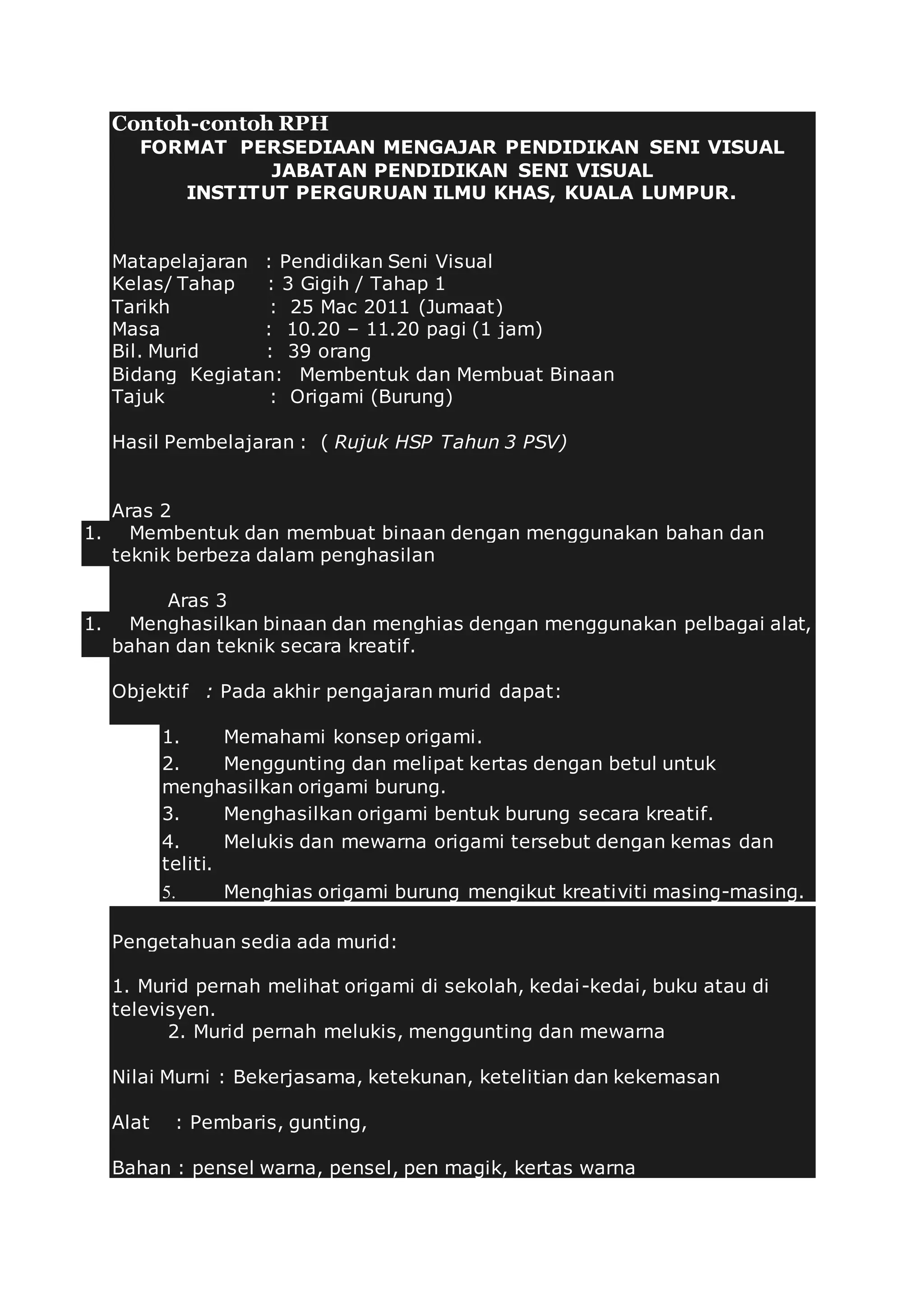 Contoh rph seni | DOCX