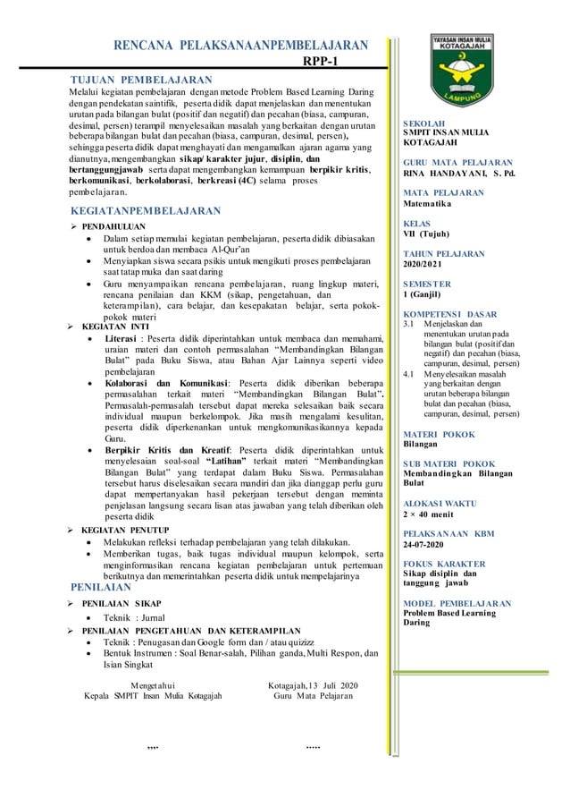 Contoh RPP satu lembar daring | PDF