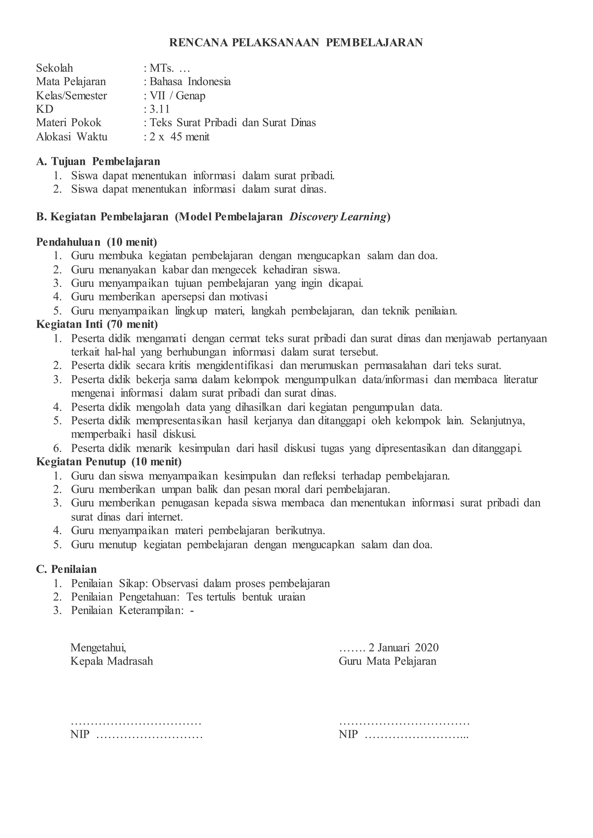 Contoh RPP Bahasa Indonesia 1 Lembar kelas 7 | DOC