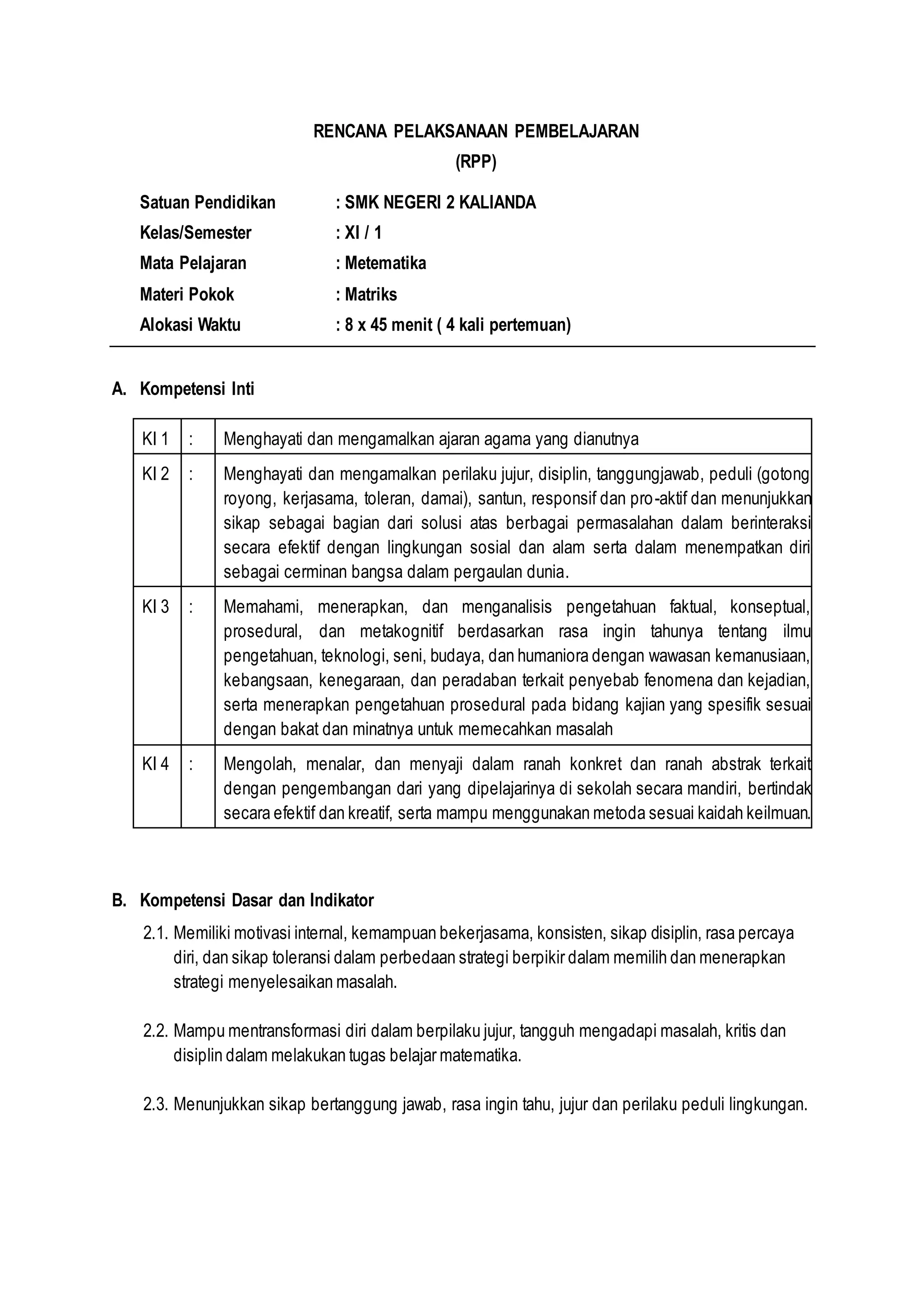 Contoh rpp kur 2013 matematika matriks kls xi smt 1 2014 | DOCX