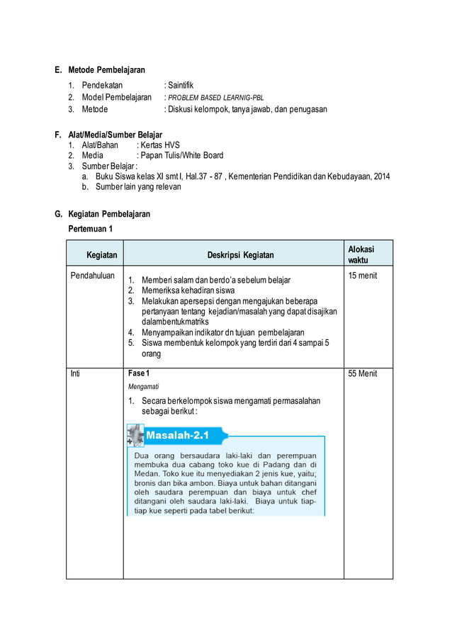 Contoh rpp kur 2013 matematika matriks kls xi smt 1 2014 | DOCX
