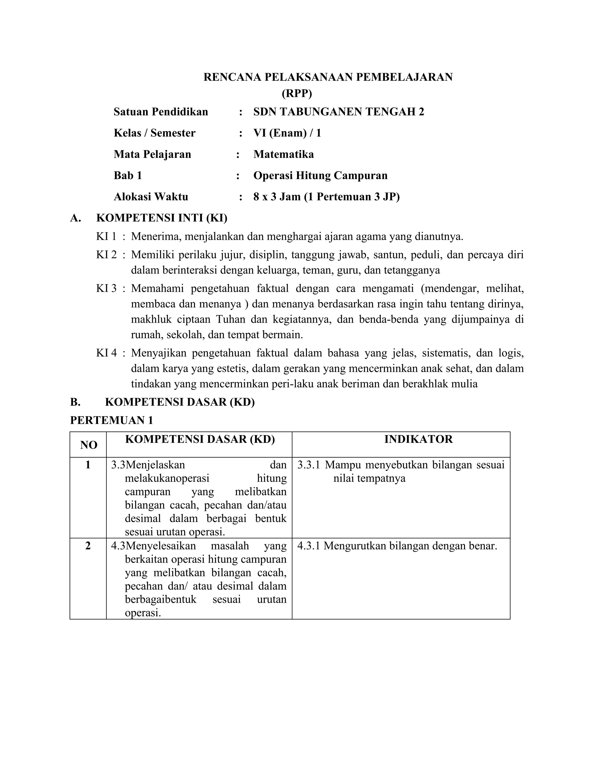 Contoh rpp matematika | PDF