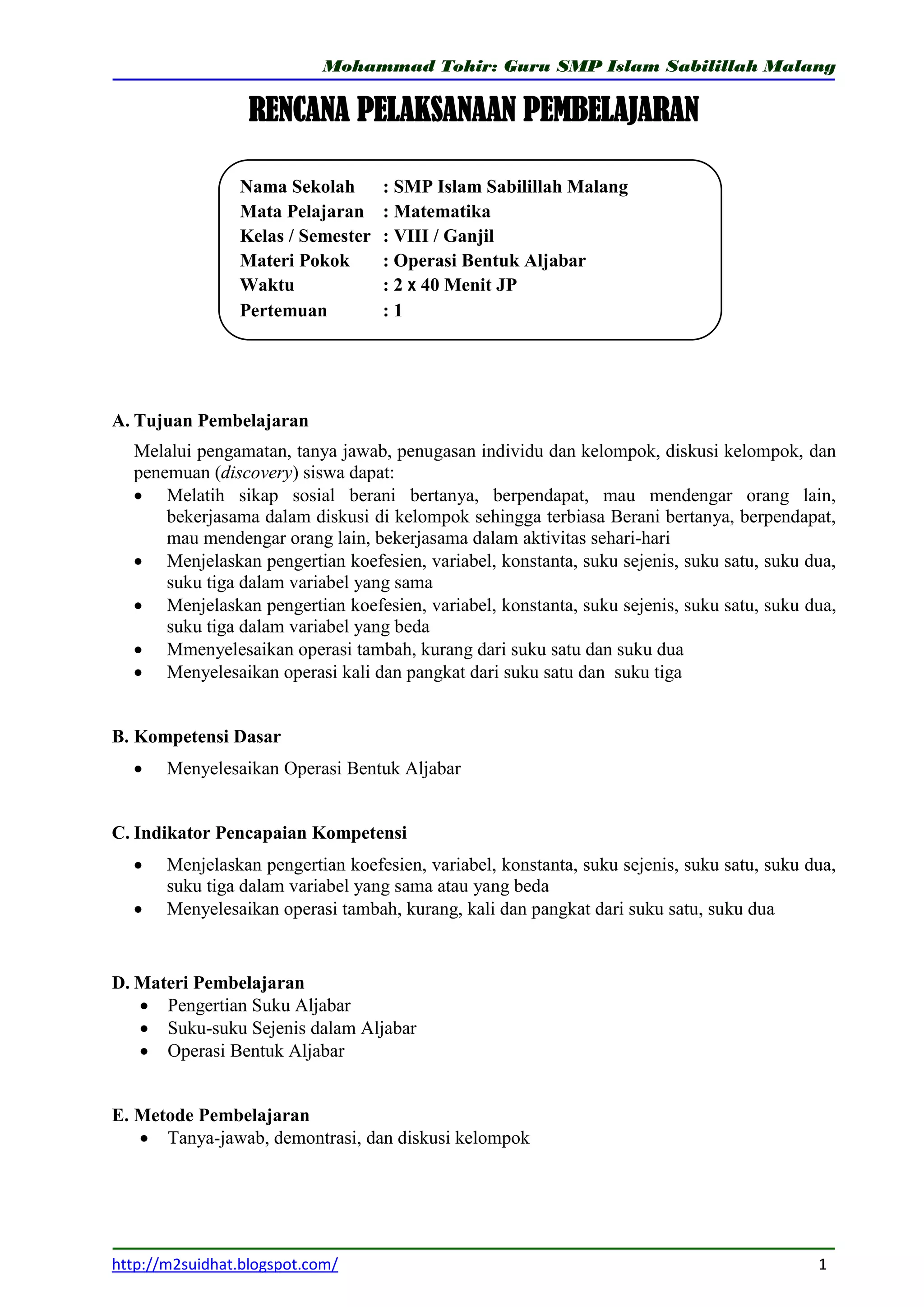 Contoh rpp matematika kelas 8 | PDF