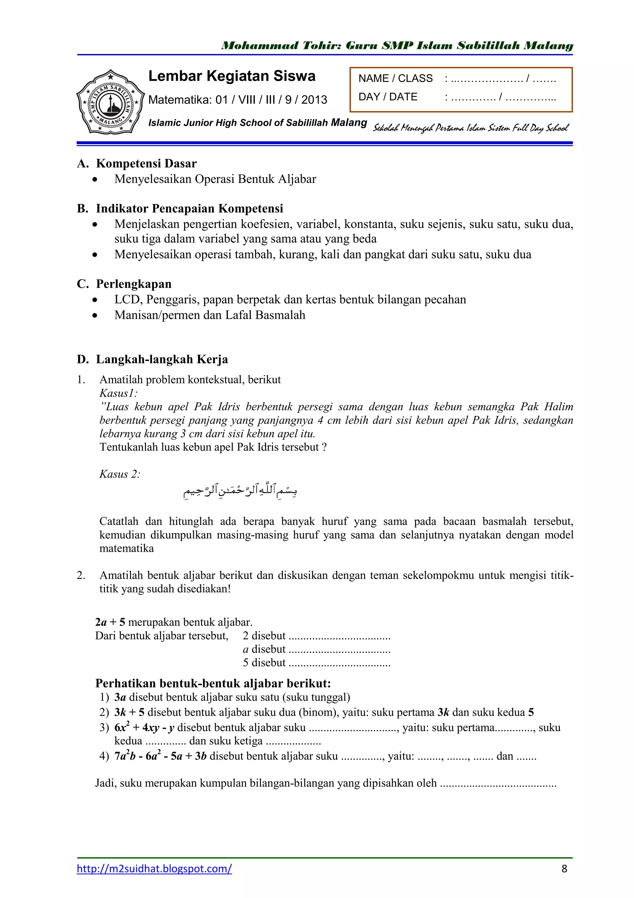 Contoh rpp matematika kelas 8 | PDF