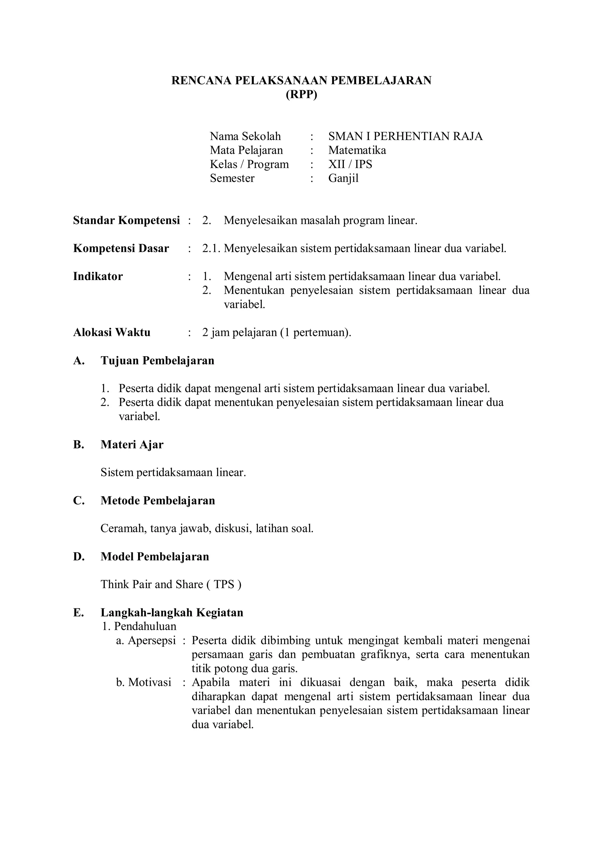 Contoh rpp matematika sm | PDF