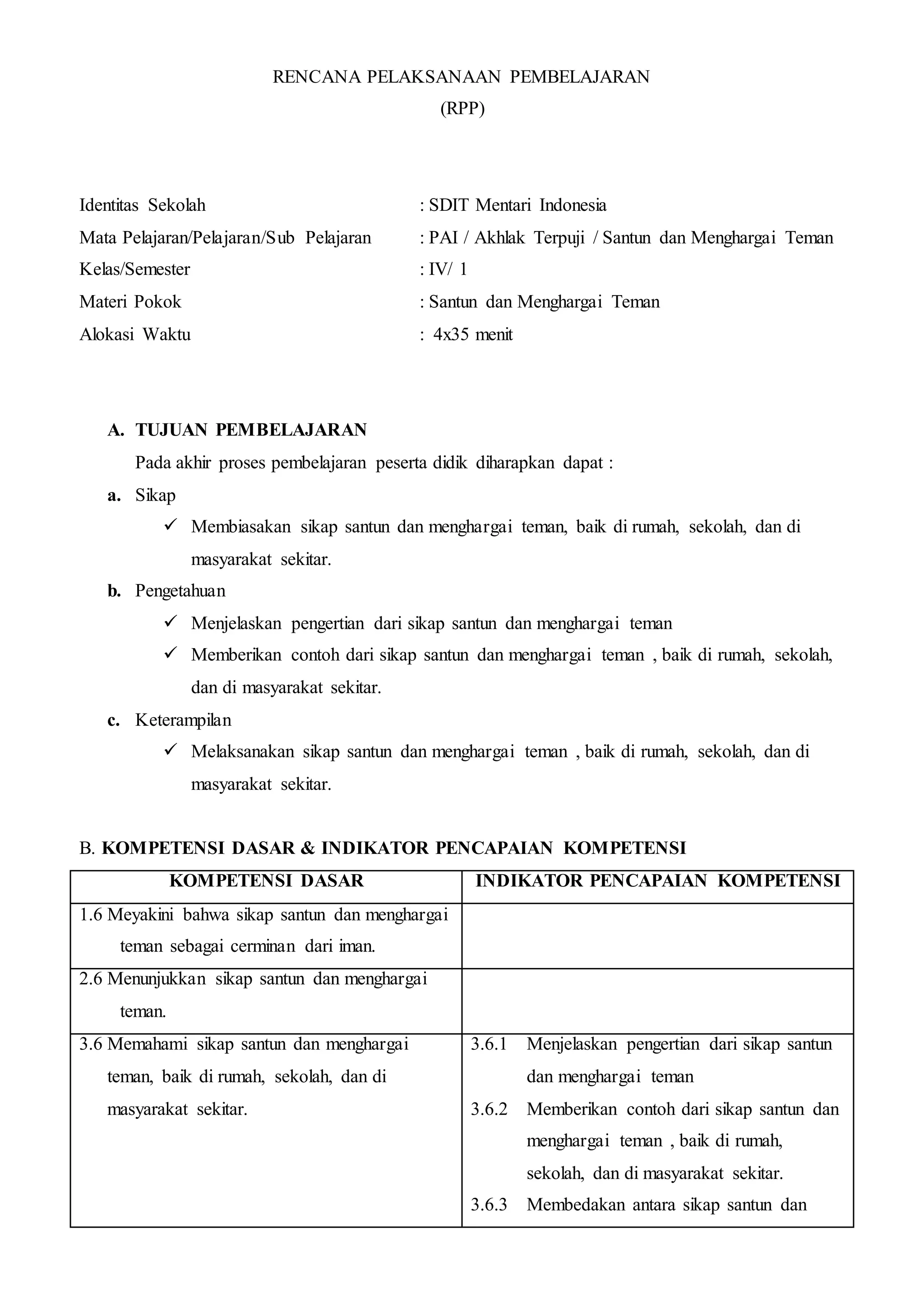 Contoh rpp pai kurtilas sdit mentari indonesia | PDF