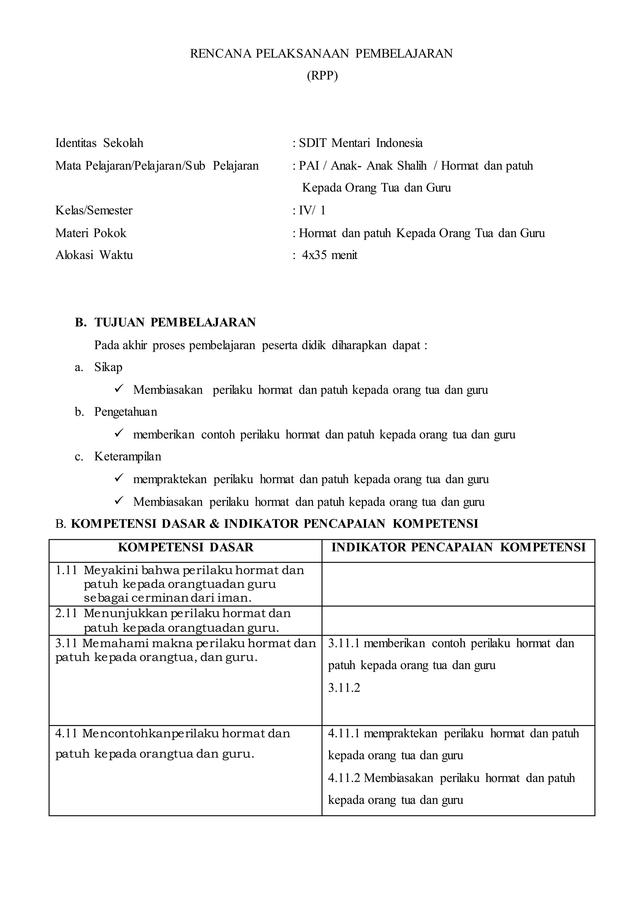 Contoh rpp pai kurtilas sdit mentari indonesia | PDF