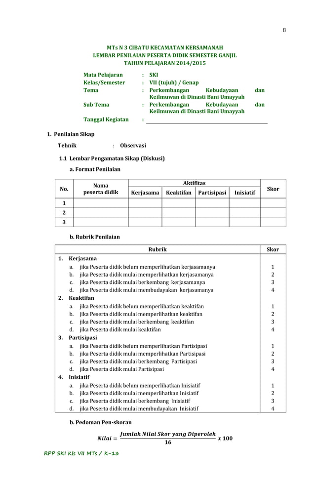 Contoh rpp ski kls 7 m ts k 13 | PDF