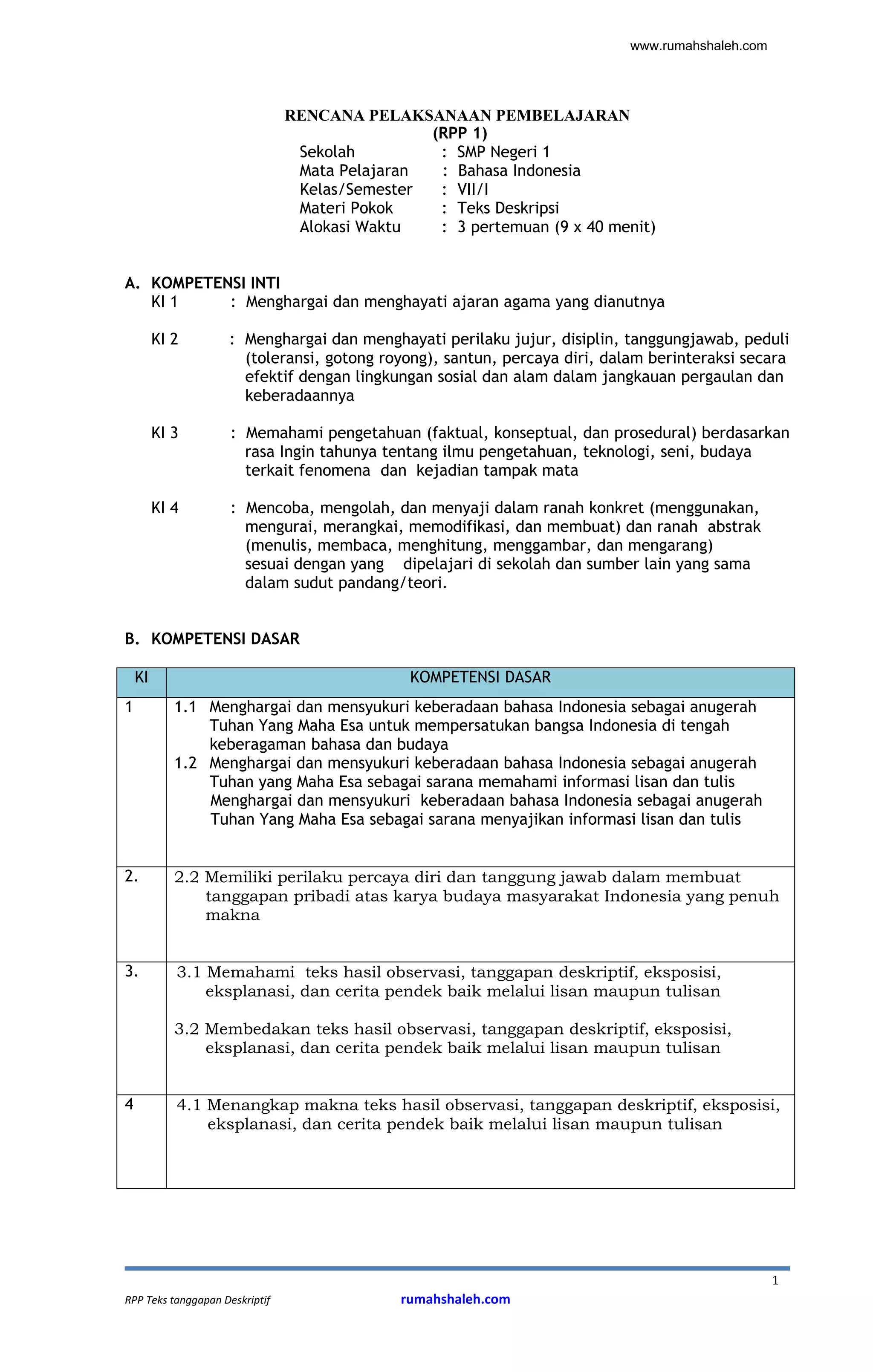 Contoh rpp teks deskripsi smp kelas 7 | PDF