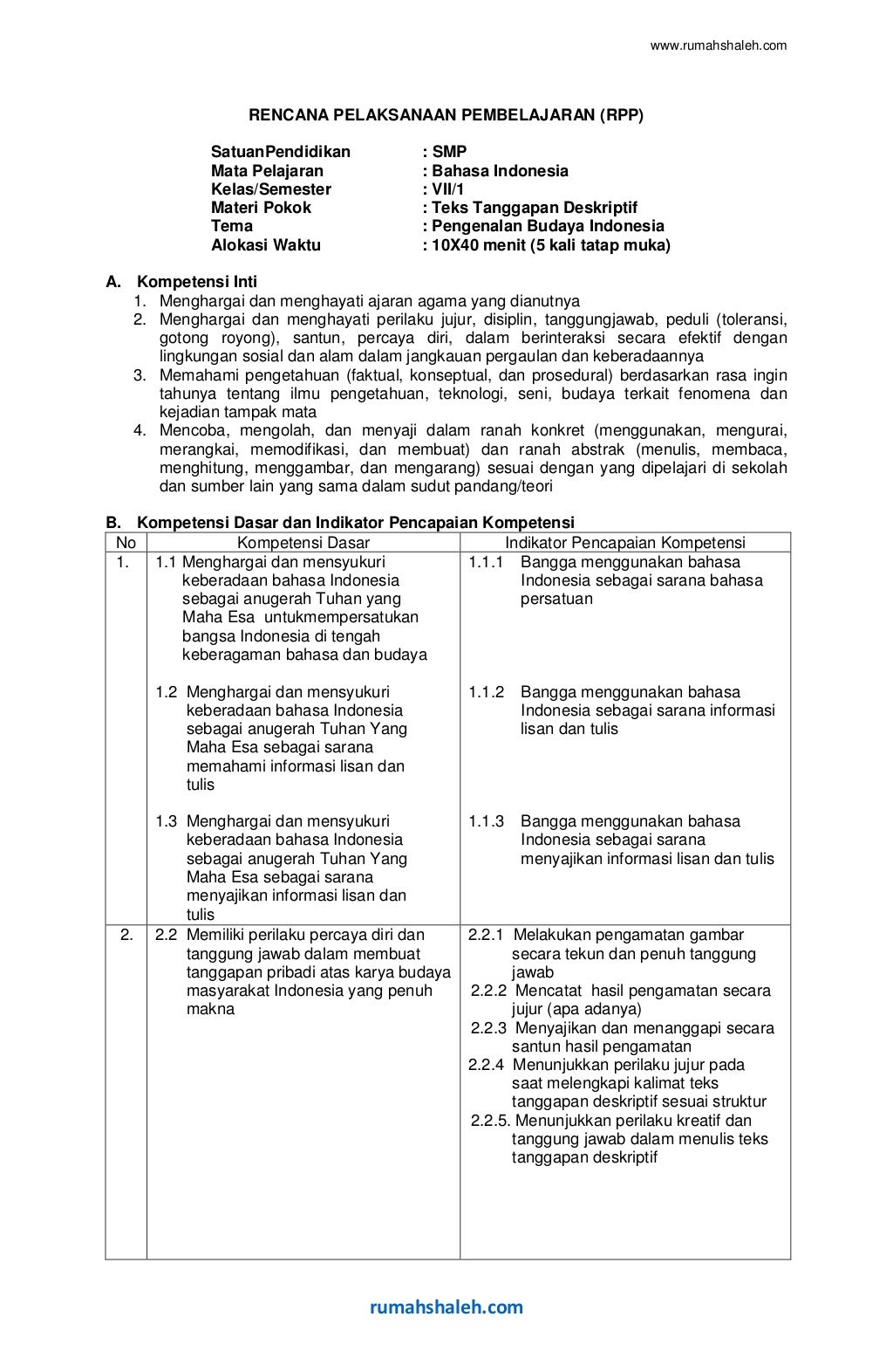 Contoh rpp teks deskripsi smp kelas 7