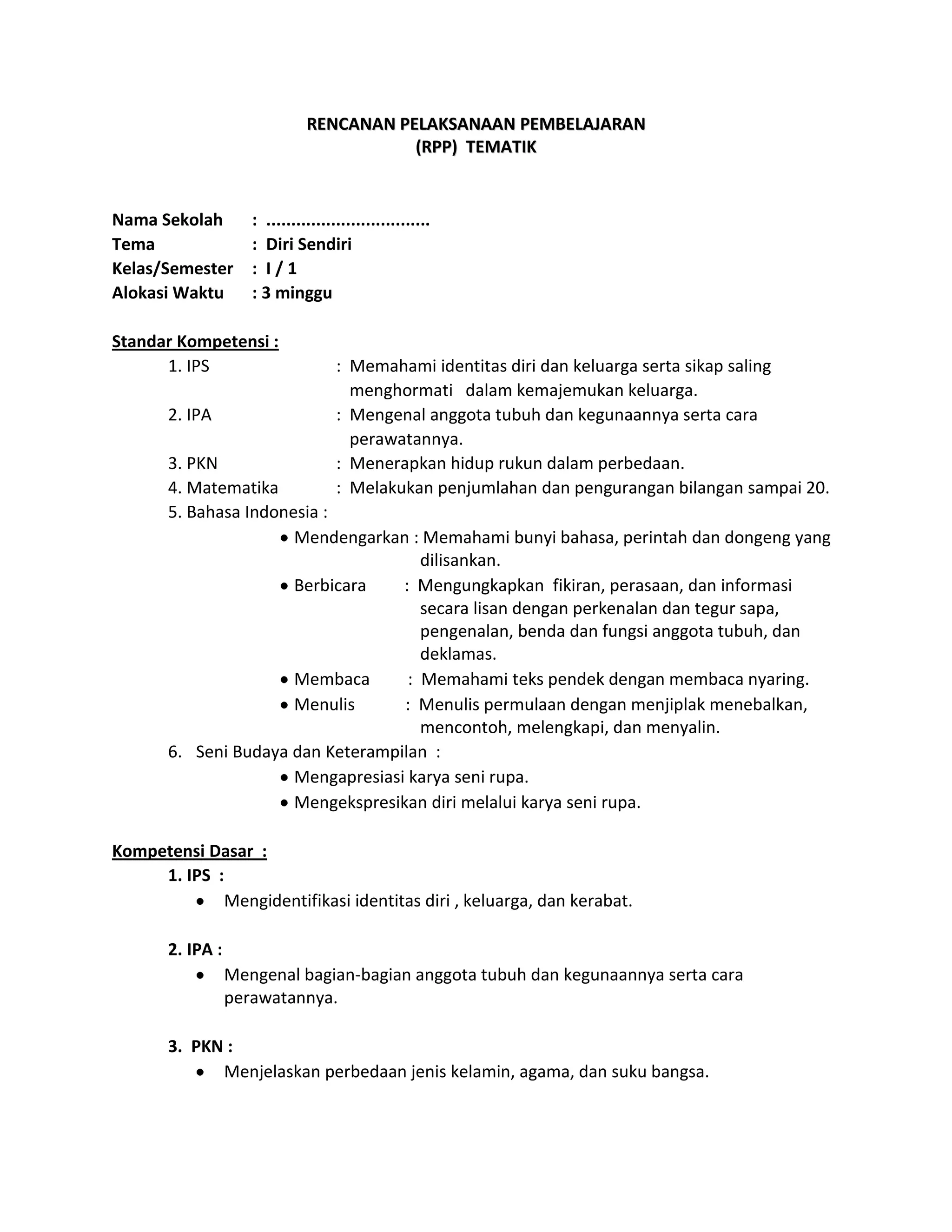 Contoh rpp tematik | DOCX