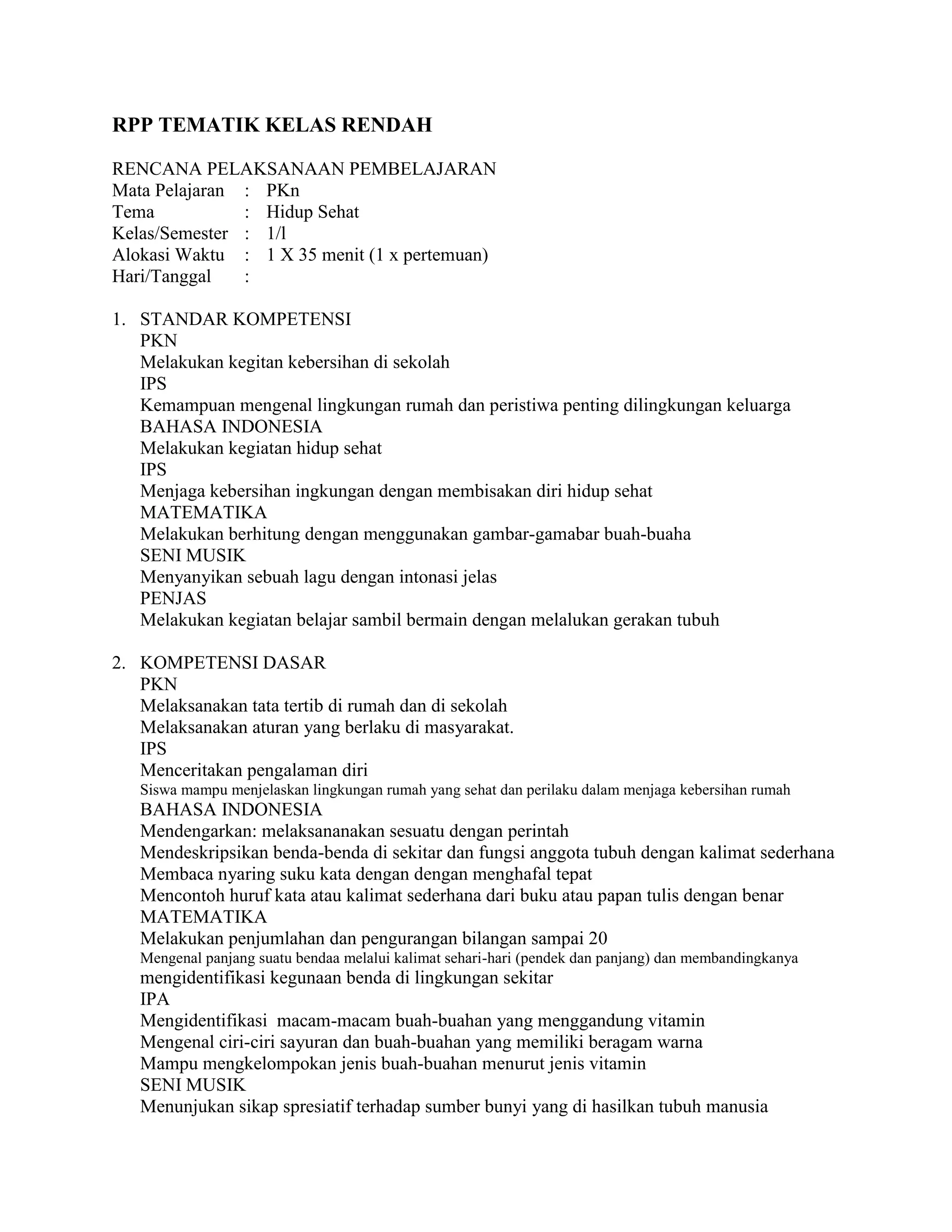 Contoh rpp tematik kelas rendah | DOCX