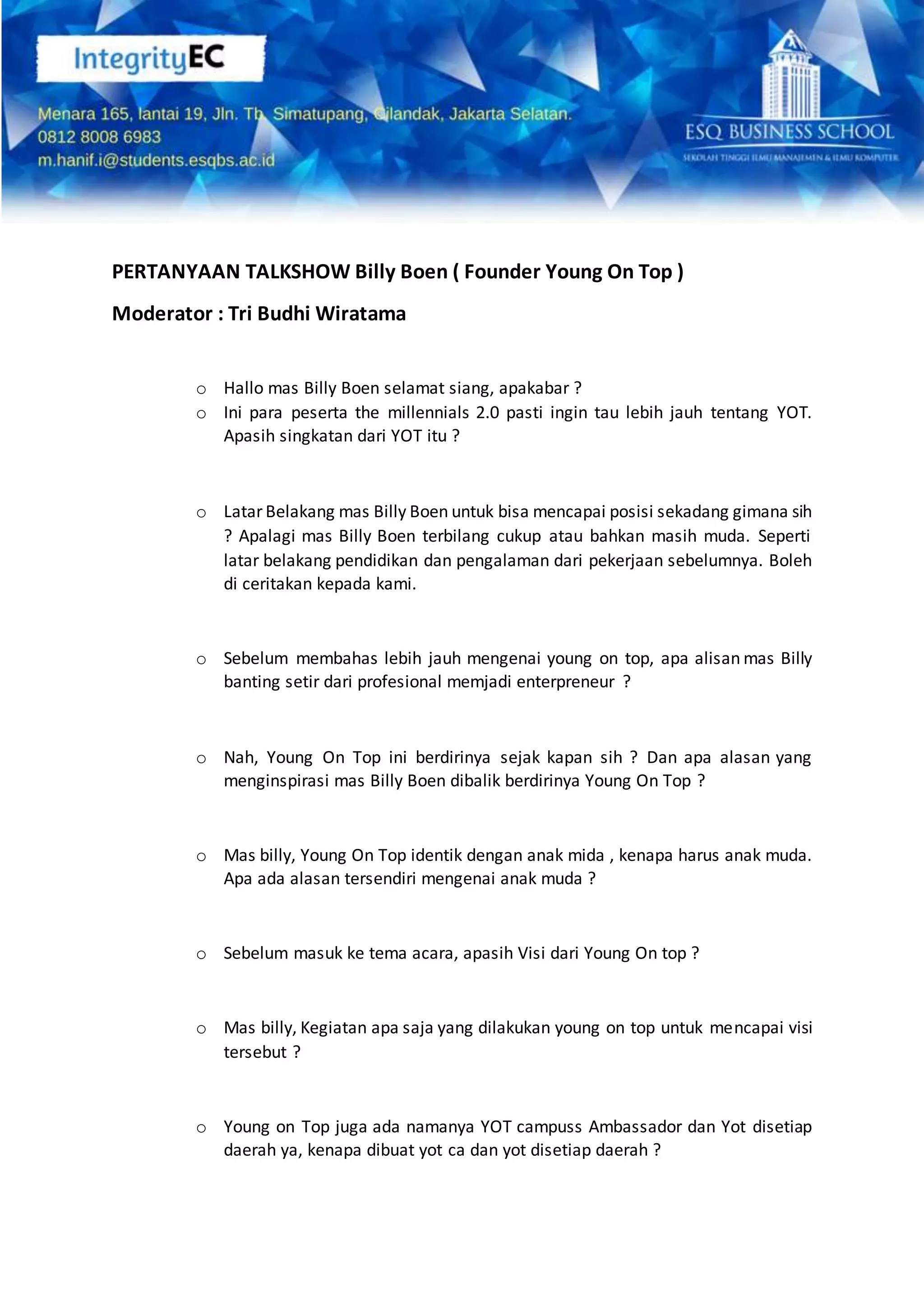 Contoh script talkshow dalam sebuah acara | DOCX