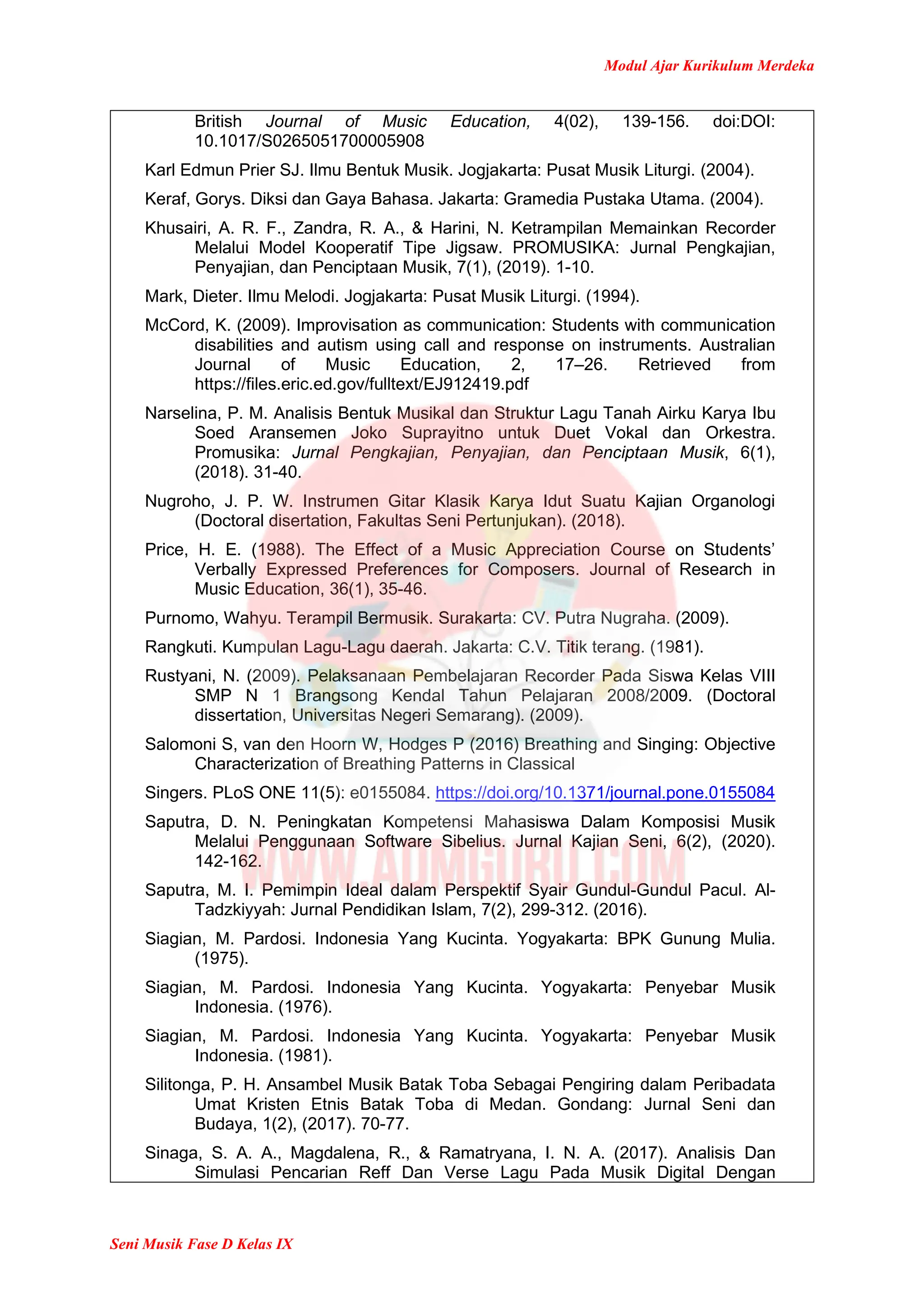 Modul Ajar Seni Musik Kelas 9 Kurikulum Merdeka | PDF